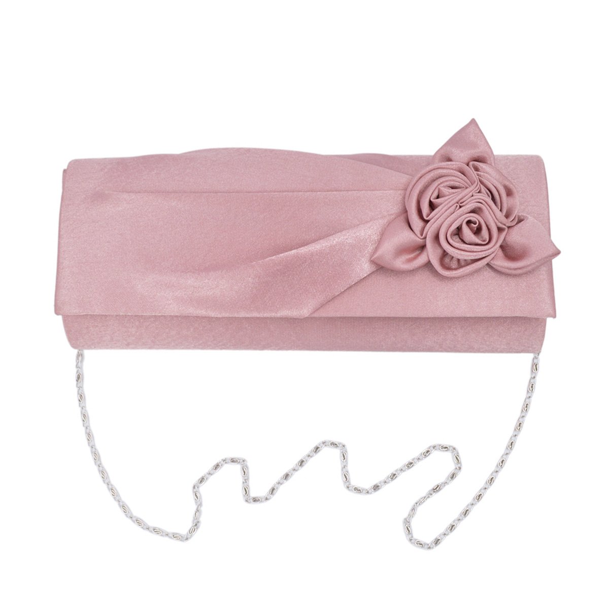 Premium Rose Floral Pleated Satin Flap Clutch Evening Bag, Teal
