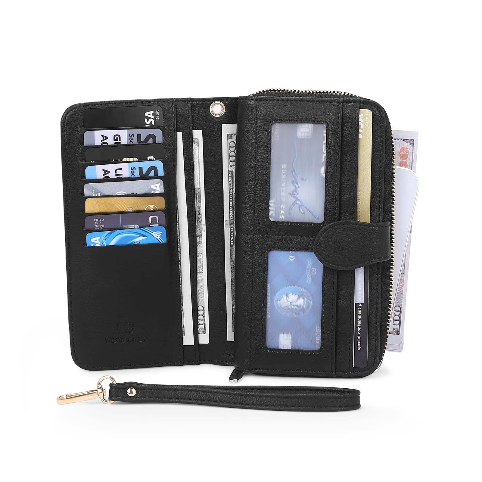 WESTBRONCO Women's Wristlet Handbags Leather Wallet Bifold Ladies Cluth Credit Card Holder Black