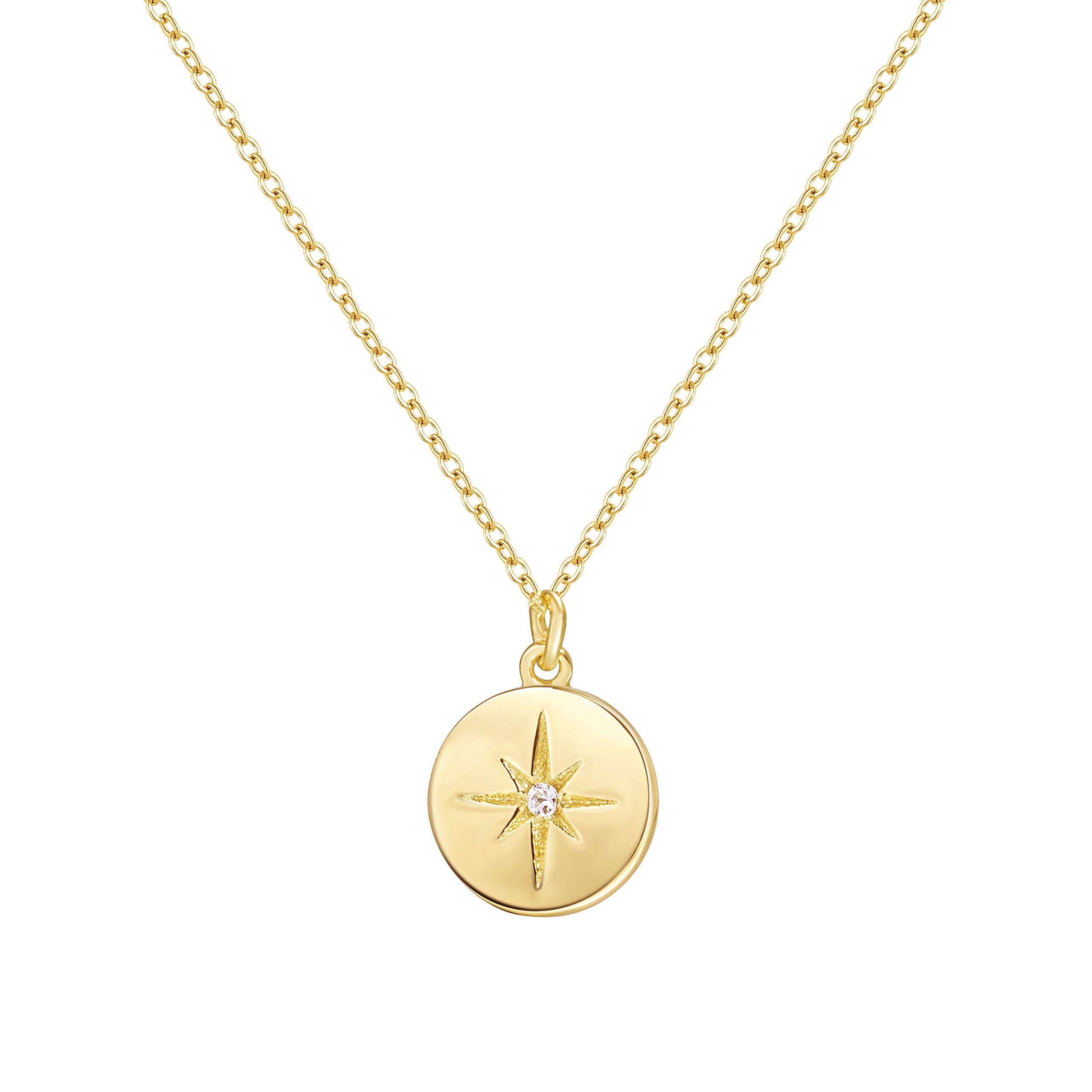 S.Leaf Compass Necklace Gold Coin Necklace Starburst Disc Pendant Necklace for Woman (14K gold plated)