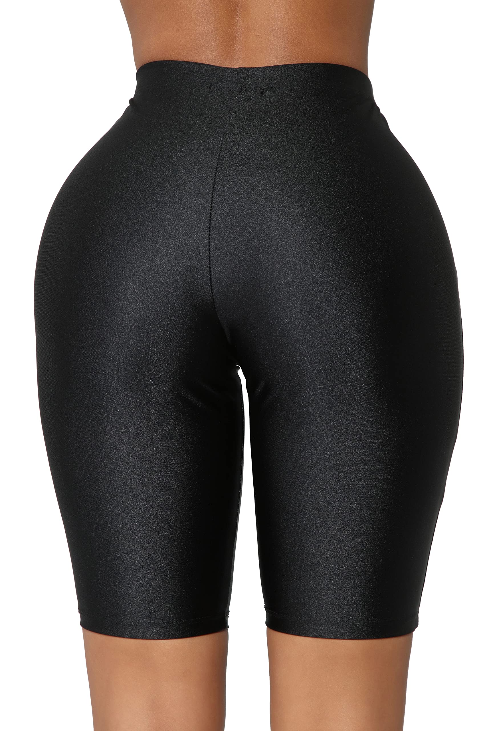 SUNFEXOY Neon Shiny Black Biker Shorts for Women,High-Waisted Bright Active Workout Yoga Pants Running Shorts Knee Length(Black,L