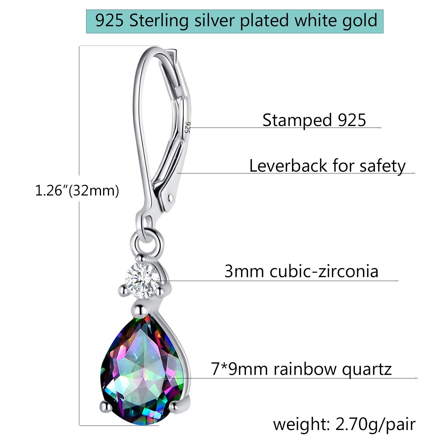Teardrop Leverback Earrings 925 Sterling Silver Created Rainbow Quartz Mystic Topaz Drop CZ Dangly Pear Earings Vintage Hypoallergenic Jewelry for Women