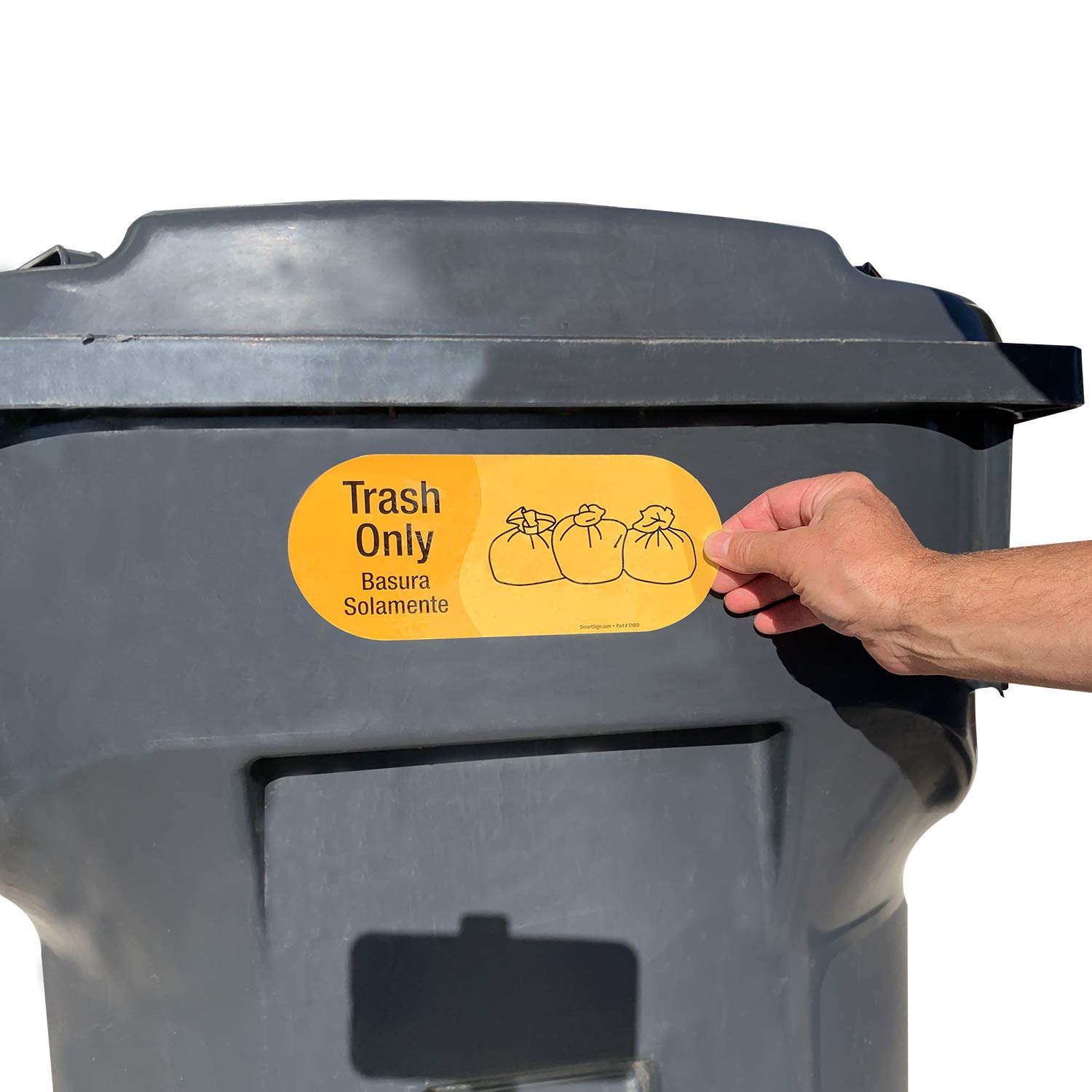 SmartSign (Pack of 4) 3.75 x 9 inch “Trash Only - Basura Solamente” Bilingual Sticker Labels with Symbol, 5 mil Laminated Polyester with SuperStick Adhesive, Yellow and Black