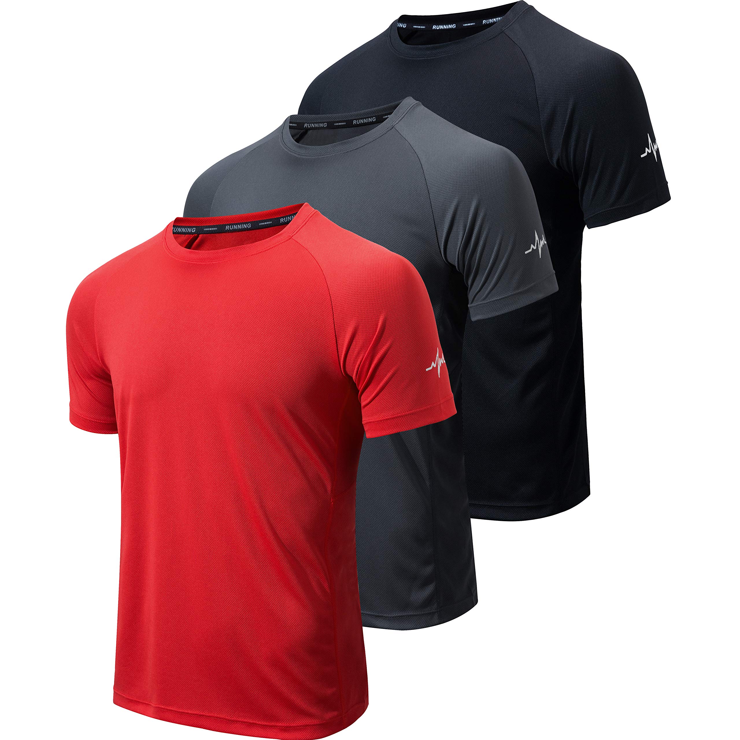 WanNiu Men's 3 Pack Workout Shirt Dry Fit Athletic Gym Short Sleeve Mesh Moisture Wicking, Black Grey Red, Large