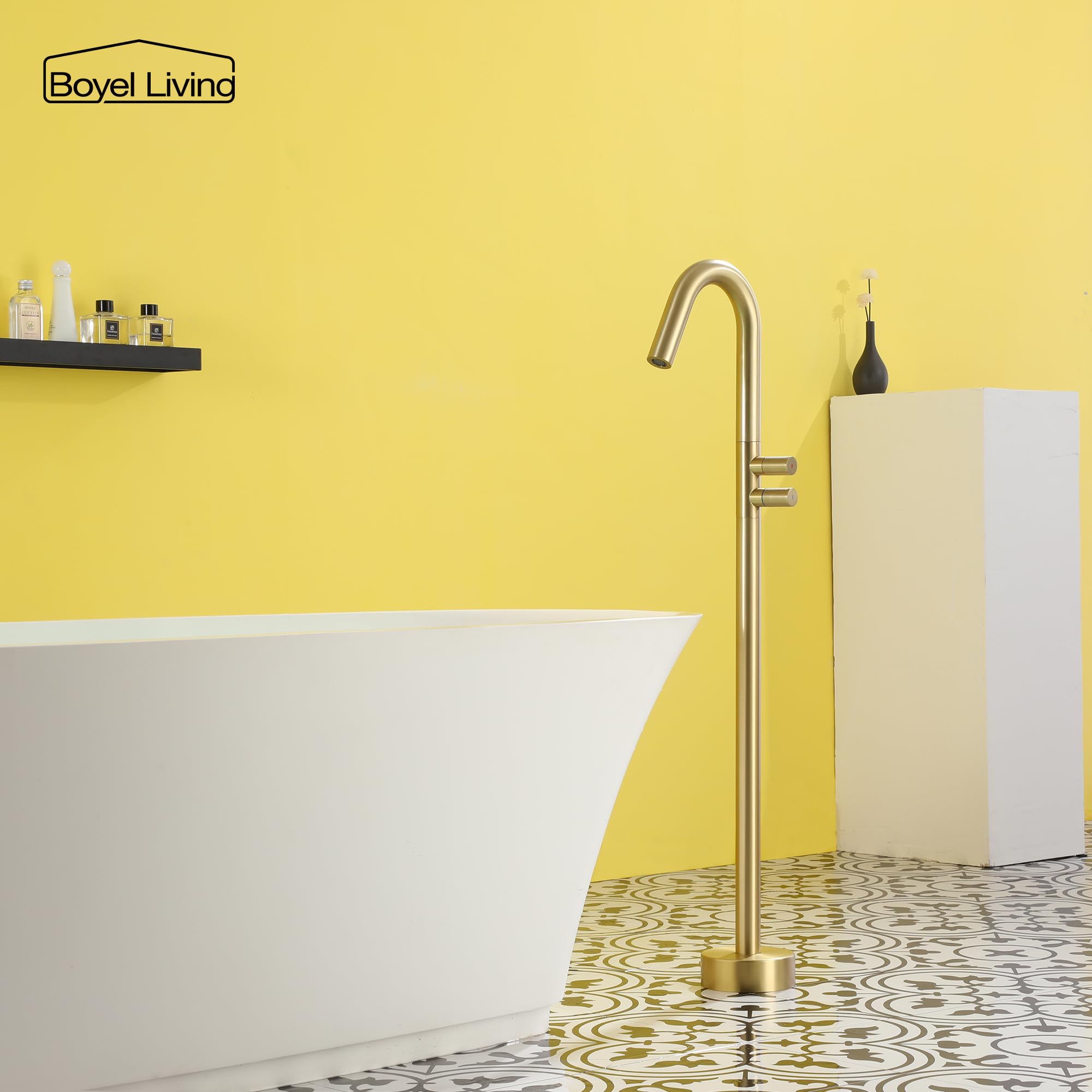 Premium Freestanding Bathtub Filler Faucet Brushed Gold Dual Handle Bath Tub Faucet Solid Brass Tub Filler Facuet for Bathtub