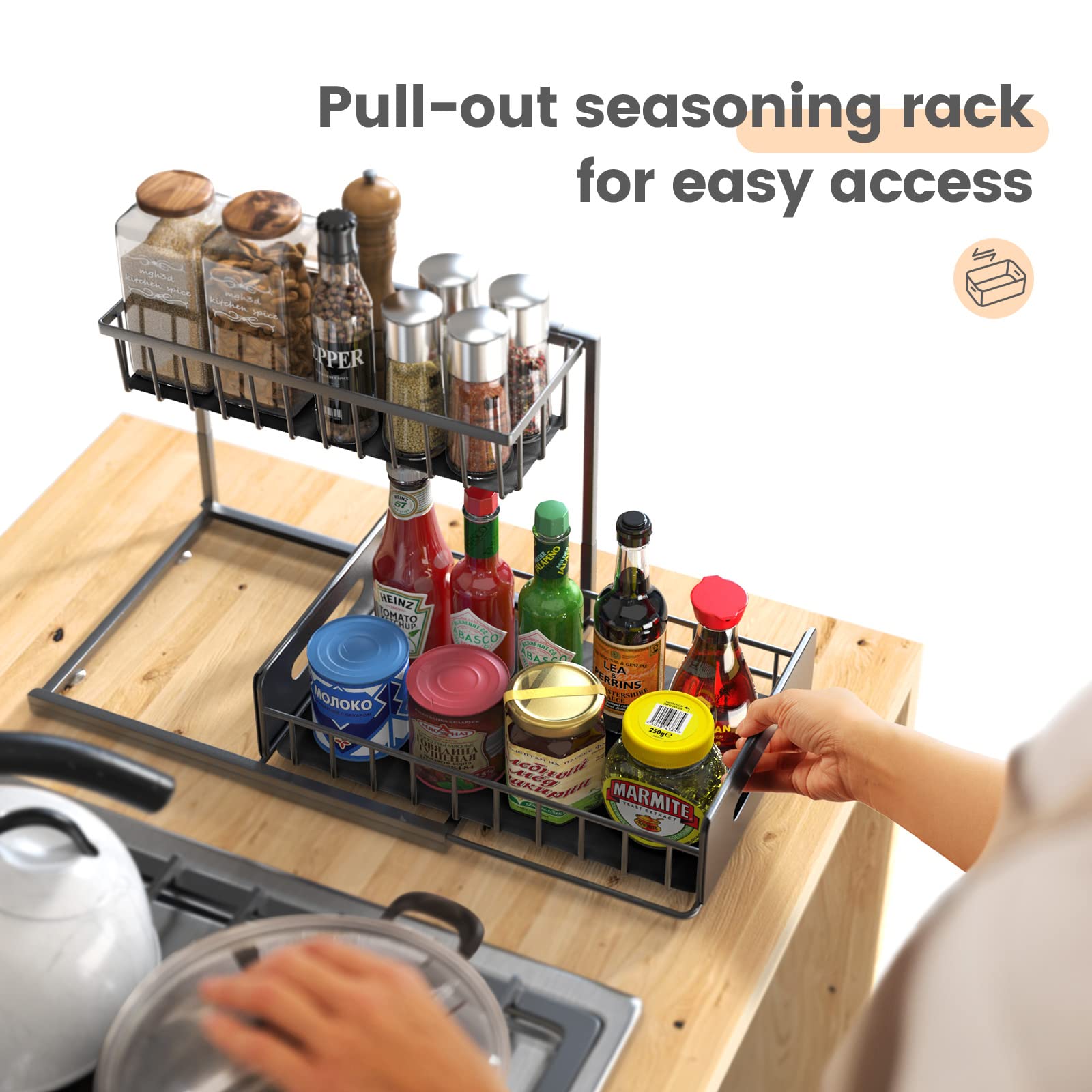 Tochek Under Sink Organizers and Storage, 2 Tier L-shaped Sliding Bathroom Organizer and Storage, Multi-purpose Pull Out Under Sink Organizer for Kitchen Bathroom, Black