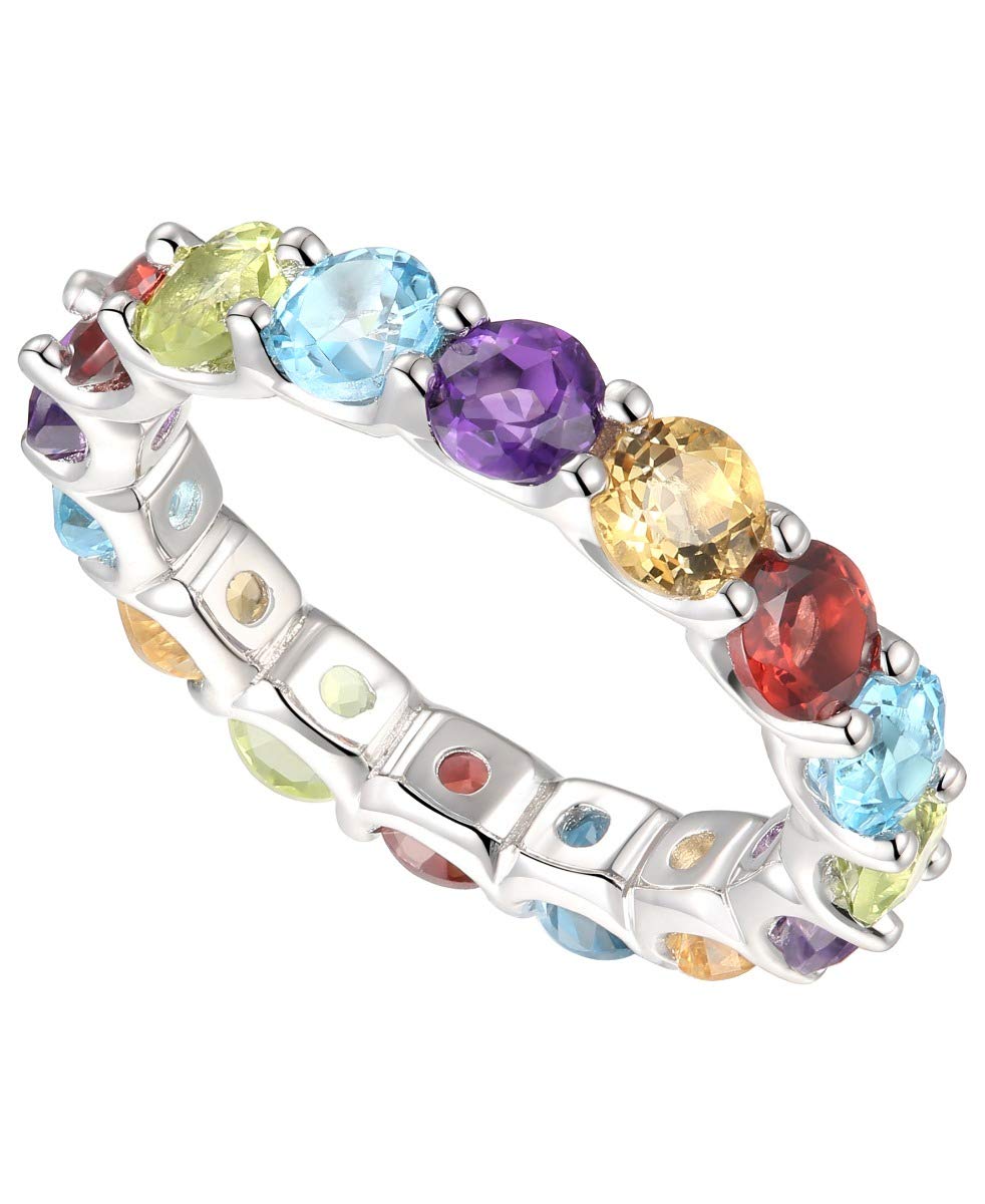 Tirafina Amethyst, Blue Topaz, Citrine, Rhodolite Garnet and Peridot Eternity Band Ring, Sterling Silver, Round Stones, Birthstone Rings for Women (4 mm stone)