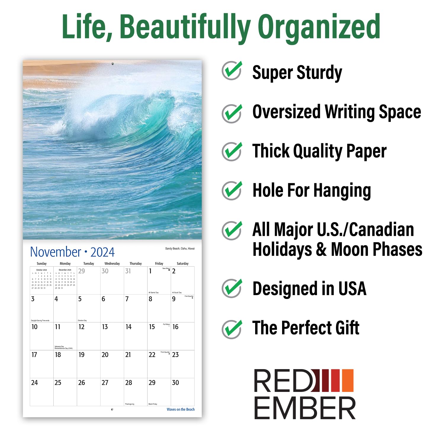 RED EMBER Waves on the Beach 2024 Hangable Monthly Wall Calendar | 12" x 24" Open | Thick & Sturdy Paper | Giftable | Beautiful Nature Tropical Travel | Daily Tranquility