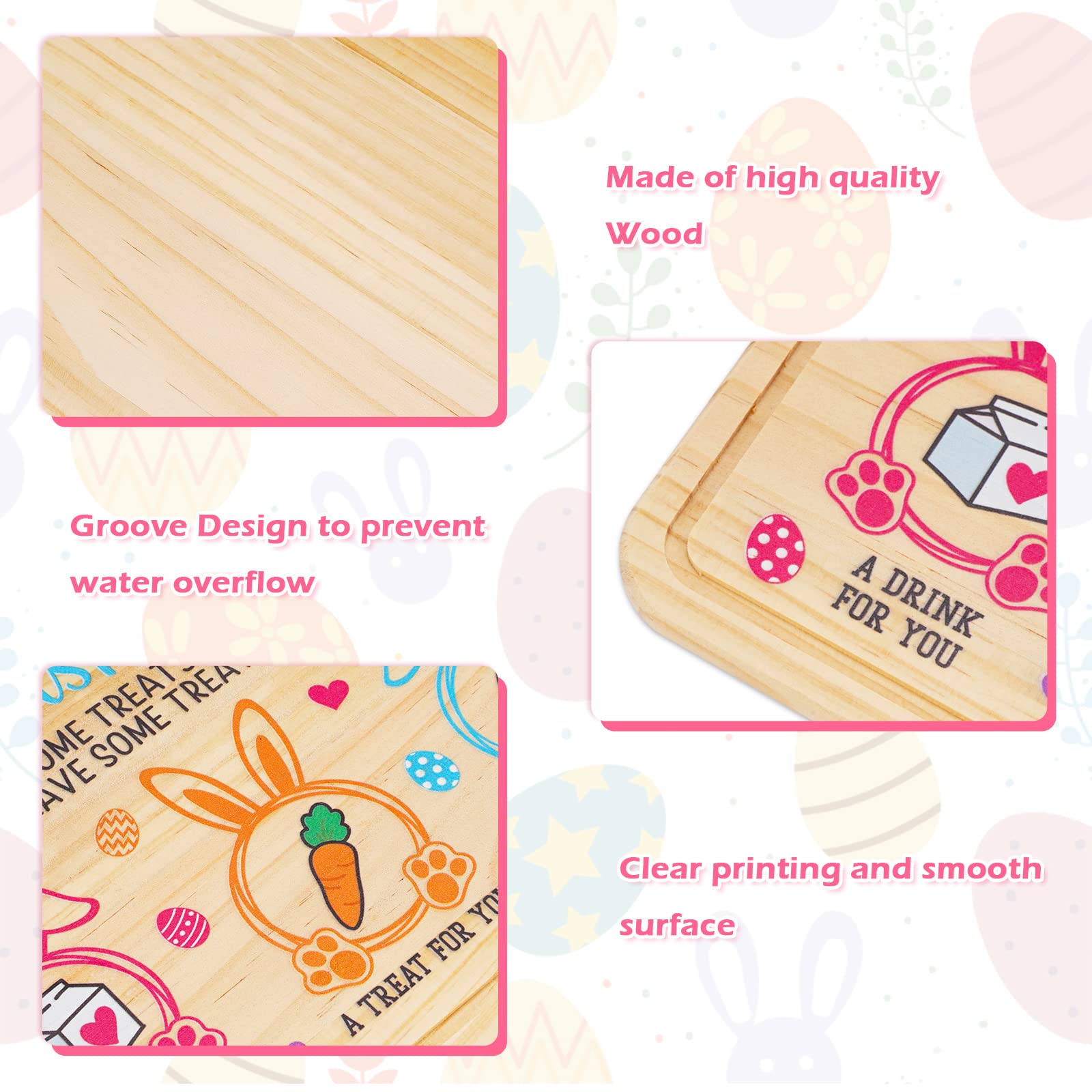 Whaline Easter Cookie Plate Dear Easter Bunny Wooden Cookie Tray Easter Egg Carrot Drink Wooden Treat Plate Rectangle Easter Tray Bundle for Easter Gifts Decoration Supplies, 11.8x7.8 Inch