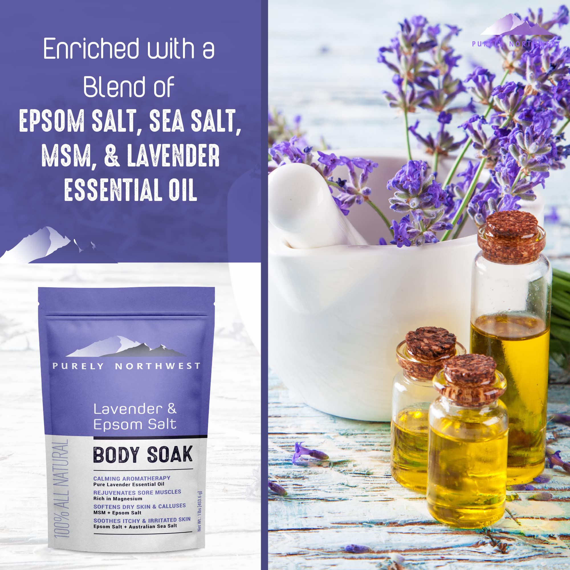 Premium Lavender, MSM & Epsom Salt Body Soak-Aromatherapy which Promotes a Good Night Sleep-Soothes Tense, Sore & Overworked Muscles-Excellent as a Foot Soak! 1LB