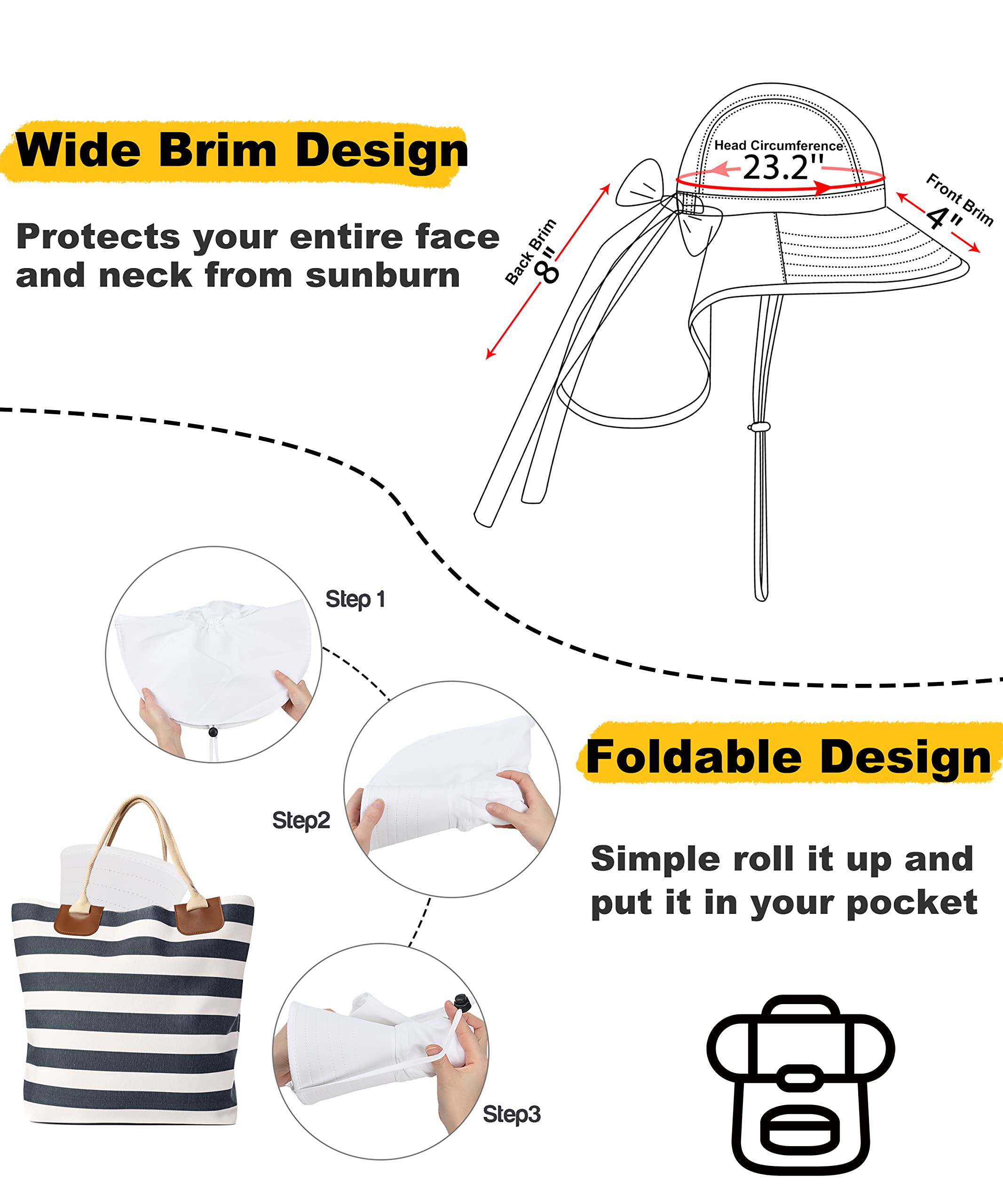 Tirrinia Stylish Garden Hats with Large Brim, Adjustable Safari Neck Cover, and Floral Ribbon