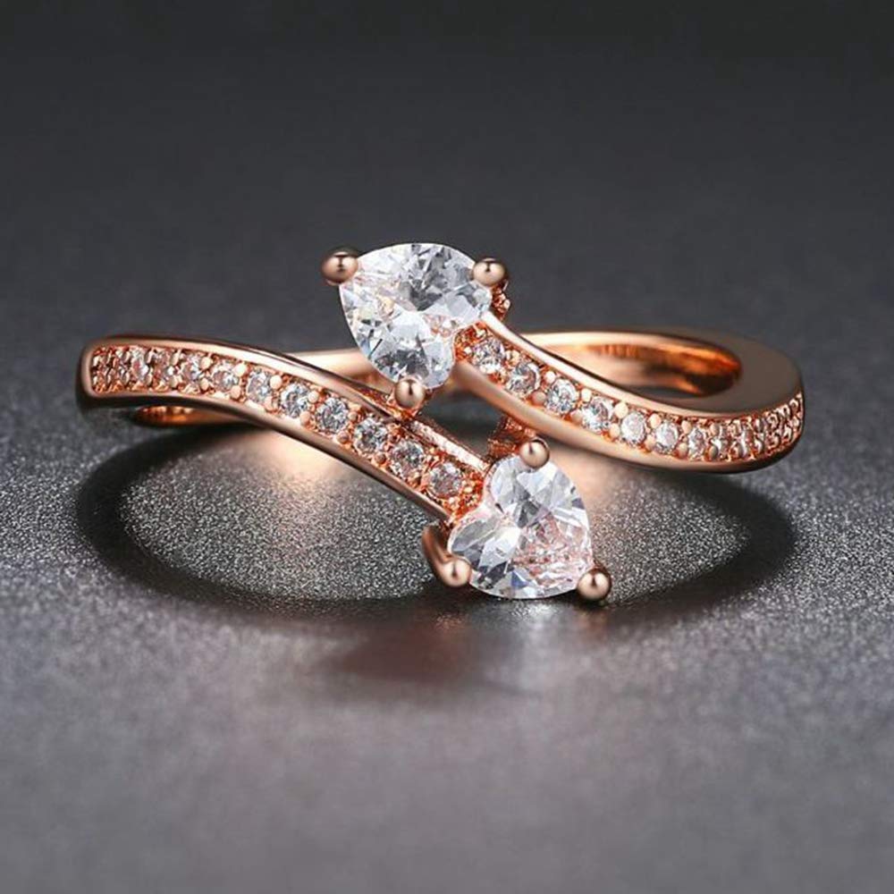 Rose Gold Heart Shaped Wave Double Stone Promise Anniversary Wedding Party Ring (Rose Gold, 9)