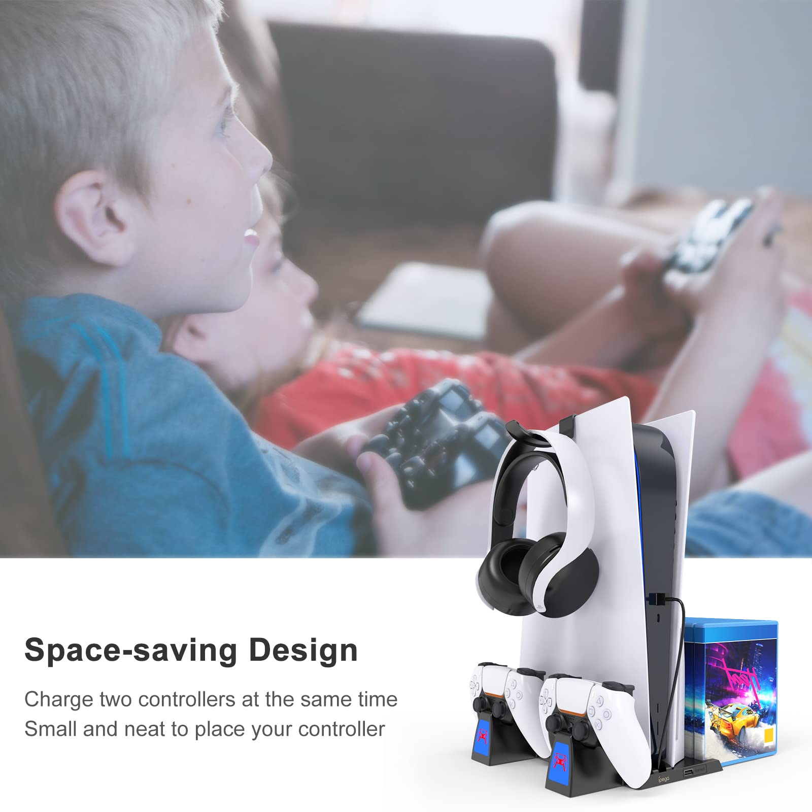 Vertical Stand with Controller Charger for PS5 Disc and Digital Edition, YUANHOT Fast Controller Charger Within 2-3H, Headset Holder, Game Slot Docking Accessories