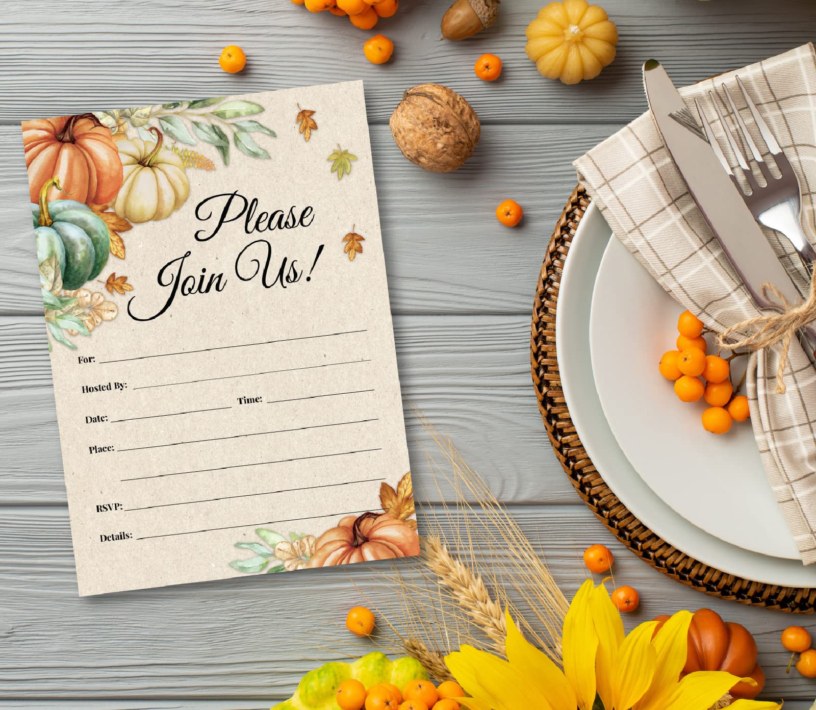 Pink Pixie Studio 20 Fall Party Invitations with Pumpkins & Leaves Thanksgiving, Bridal or Baby Shower, Friendsgiving, Dinner Parties with White Envelopes Made in the USA