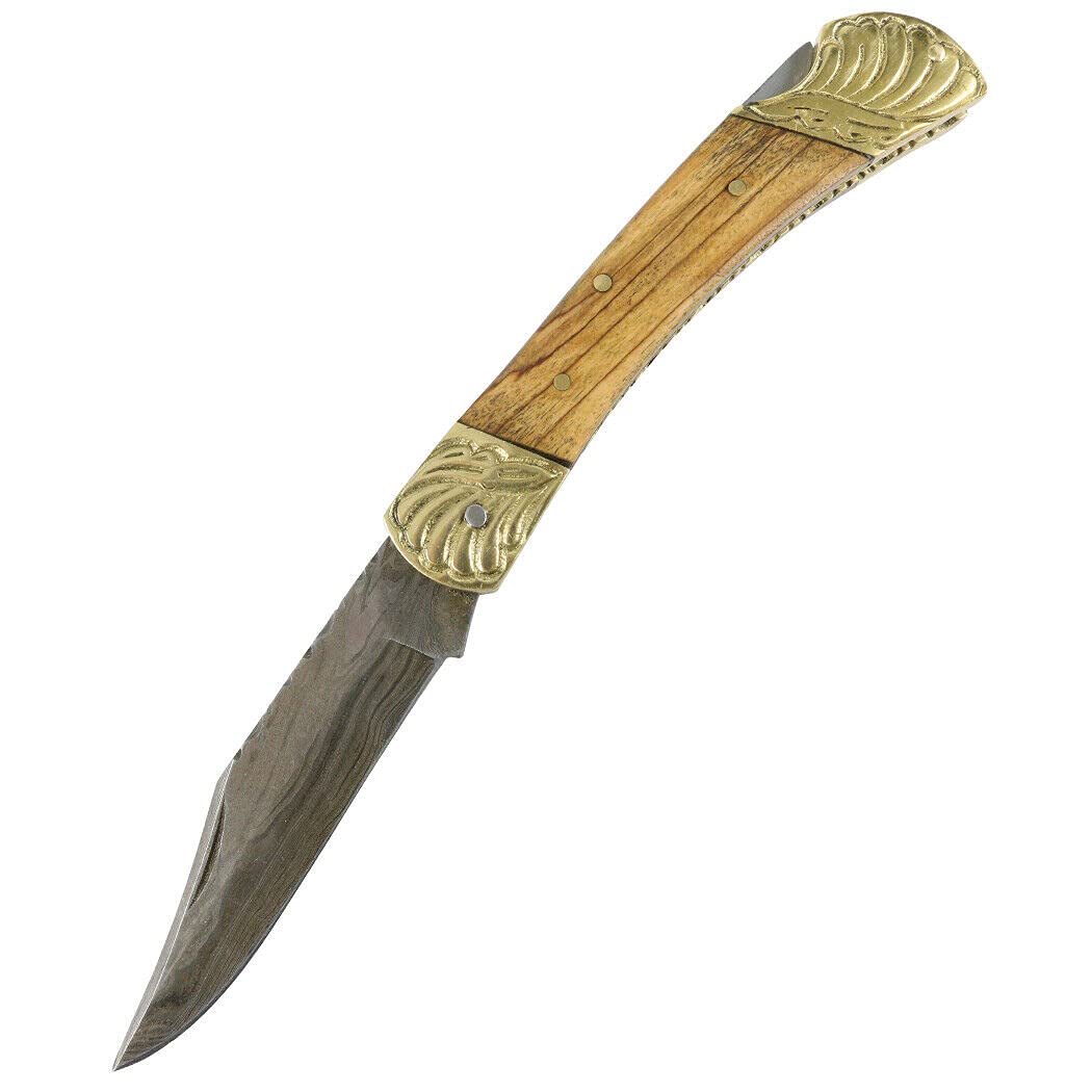 Theboneedge 8" Damascus Blade Open Folding Pocket Knife Wood Gold Trim Hand Made With Sheath Outdoor Survival Hunting Knife for Camping by Survival Steel