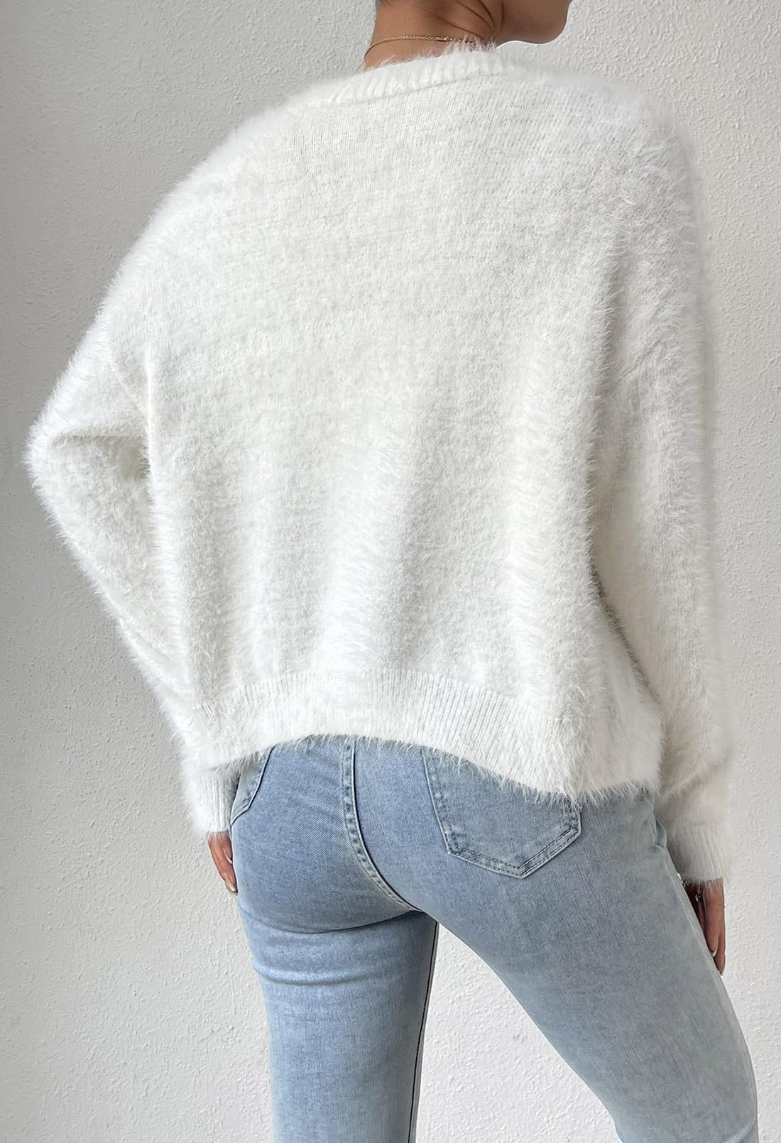 Pink Queen Women's Elegant V-Neck Button Down Cropped Cardigan Long Sleeve Lightweight Fuzzy Sweater Blazer White M