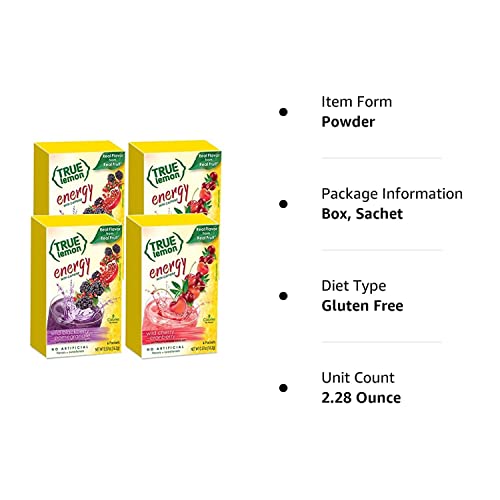 True Lemon (Energy Drinks) Wild Cherry Cranberry & Wild Blackberry Pomegranate 2 boxes EACH flavor (4 boxes total), 24ct instant powdered drink mix packets total, by True Citrus, 2.7 Gram (Pack of 24)