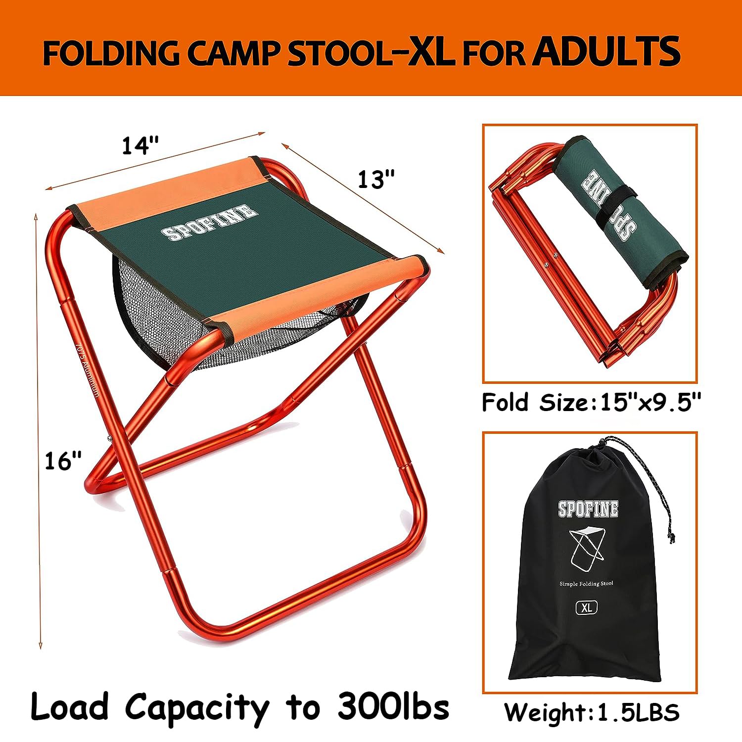 spofine Folding Camping Stool, Sturdy Portable Chair for Adults, Foldable Stool for Fishing, Hunting, Travel, Backpack(Size:XL)