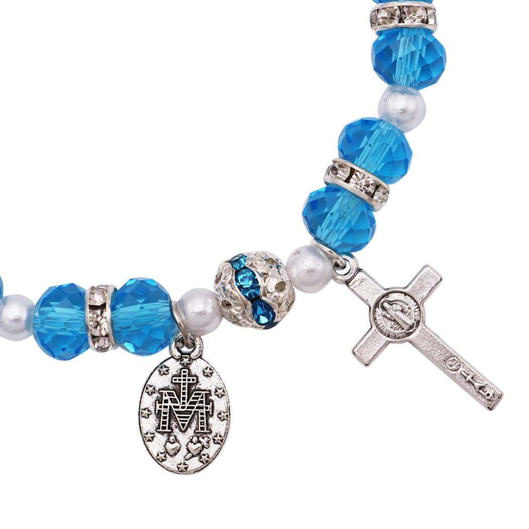 Rosemarie Collections Women's Beaded Stretch Rosary Bracelet with Crucifix and Miraculous Medal (Red)