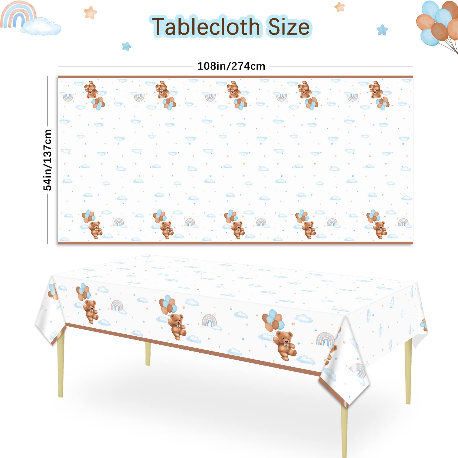 Teddy Bear Baby Shower Decorations for Boy Boho Tablecloth Backdrop Balloons Arch Set We Can Bearly Wait Brown Blue Theme Party Decor Supplies
