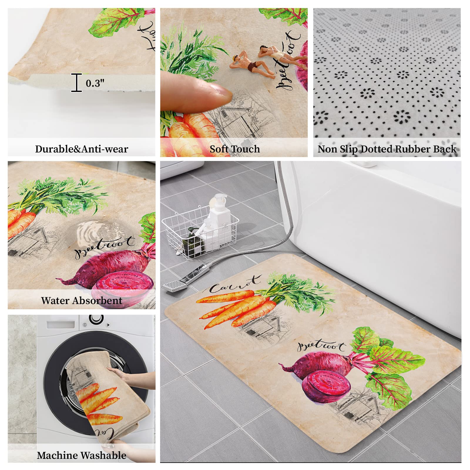 Vegetables Four Prints 2 PCS Memory Foam Kitchen Mats, Water Absorbent Kitchen Rugs, Anti-Skid Kitchen Mat and Rug for Kitchen, Floor Home, Office, Laundry, Sink Retro Kraft Paper Texture