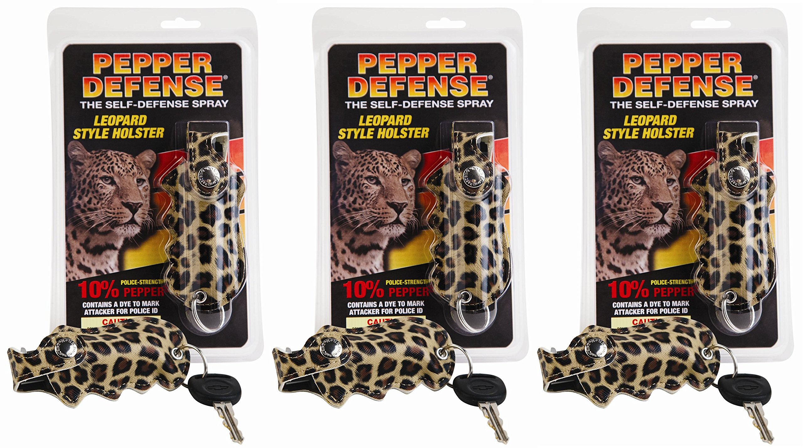 Pepper Defense 1/2 oz. Pepper Spray with Grip Holster and Keychain Attachment - Safety Twist Lock Glow Trigger - Maximum Strength 10% OC Formula - Self Defense Personal Protection (Leopard 3-Pack)