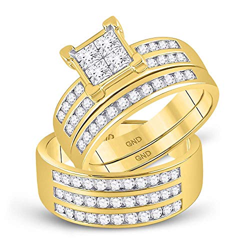 Solid 10k Yellow Gold His and Hers Princess Cut Diamond Cluster Matching Couple Three Rings Bridal Engagement Ring Wedding Bands Set 1.62 Ct. - (L = 6.5, M = 9)
