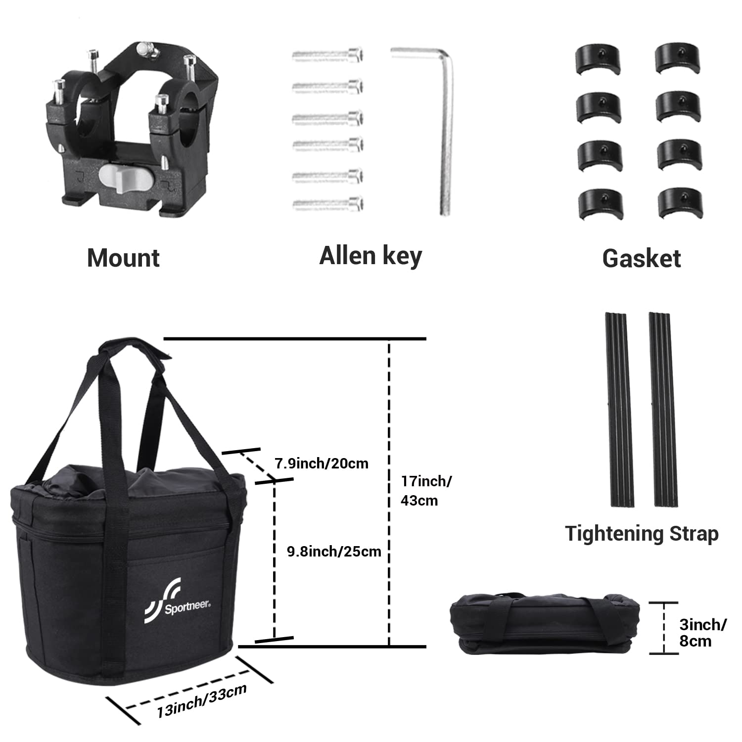 Sportneer Bike Basket Front Handlebar - Quick Release Bicycle Basket Multi-Purpose Detachable Small Pet Carrier Easy Install Bike Basket for Commuting Shopping Camping, Max.Bearing: 11lbs