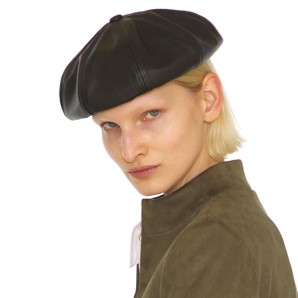 UNDERCONTROL Artificial Leather Classic Castro Octagonal Pattern Size Stylish Painter Beret Hat Unisex Hunting Cap Korea (Leather Black)