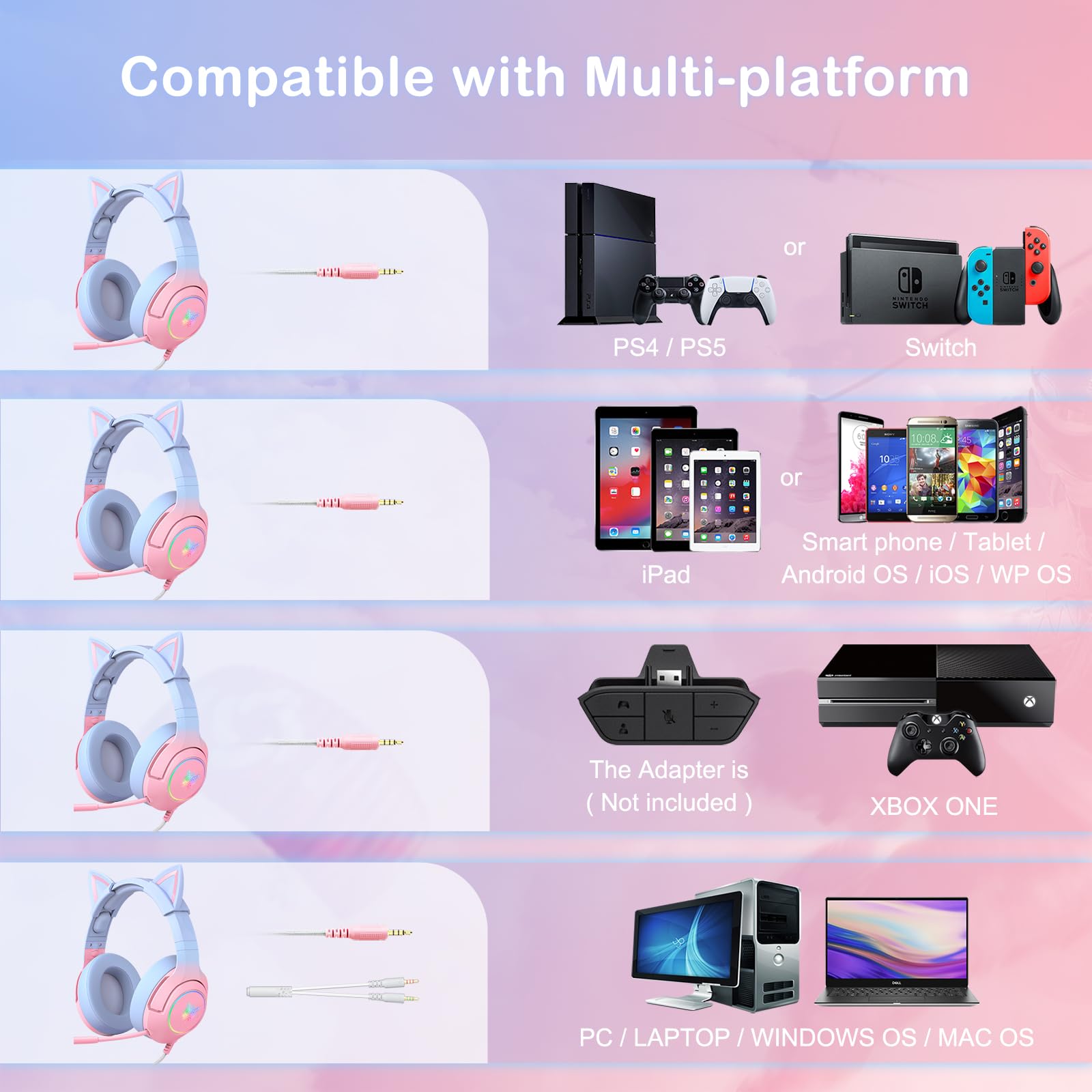 PHNIXGAM Gaming Headset for PS4, PS5, Xbox One(No Adapter), Cat Ear Headphones with Noise Cancelling Microphone, RGB Backlight, Surround Sound for PC, Mobile Phone, Gradient Pink Blue