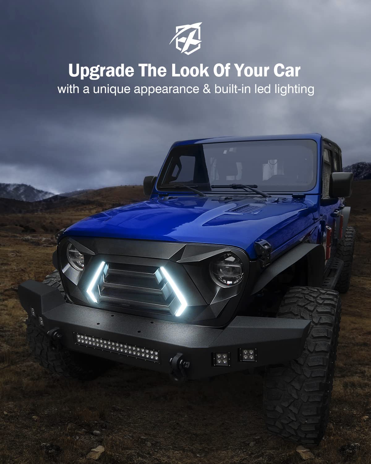 Xprite Front Grille with Turn Signals and Daytime Running Light, Matte Black Grille Compatible with 2018-2024 Jeep Wrangler JL JLU & 2020+ Gladiator JT