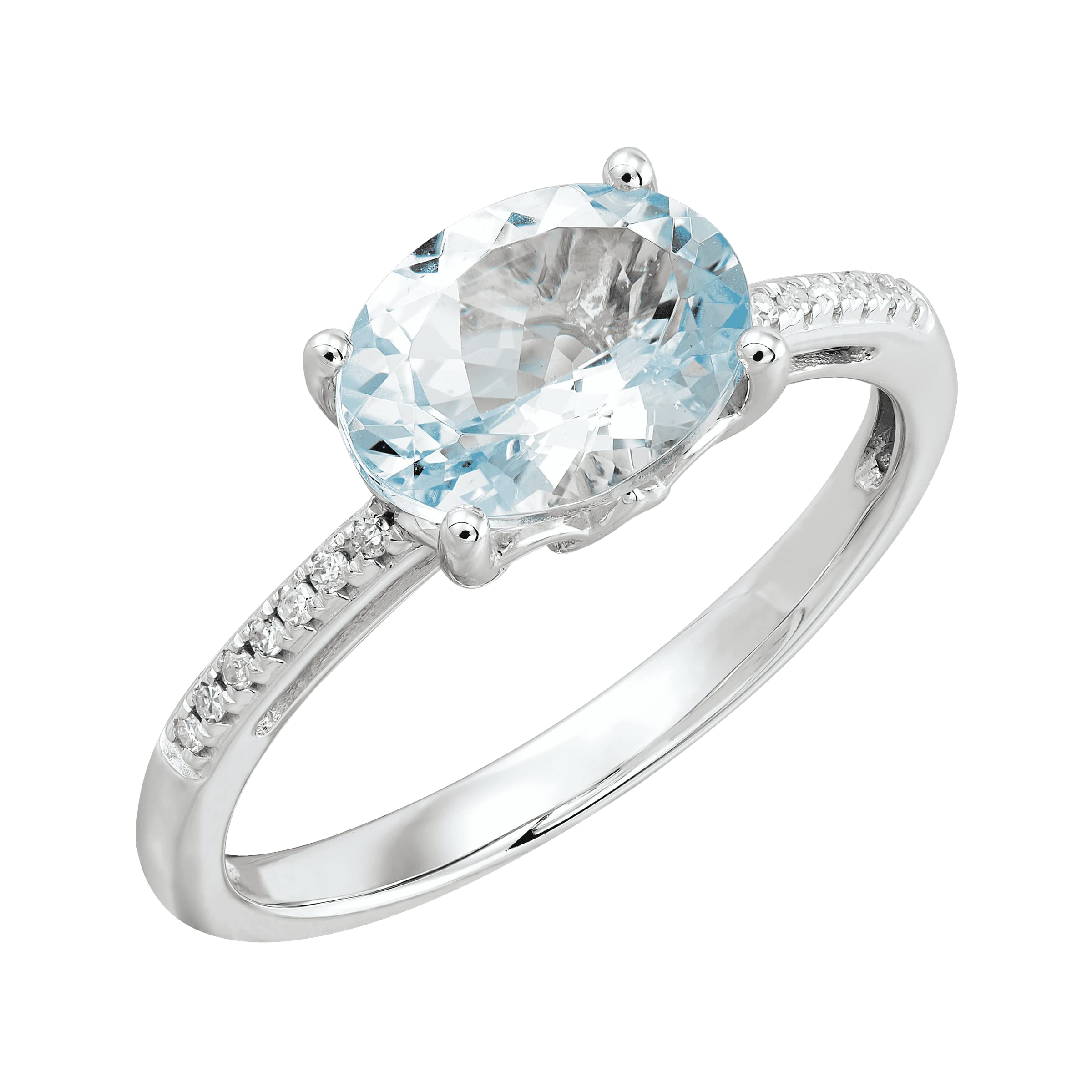 Welry Natural Oval Aquamarine Ring with Diamond Accents in 10K White Gold, Size 7, Size 7
