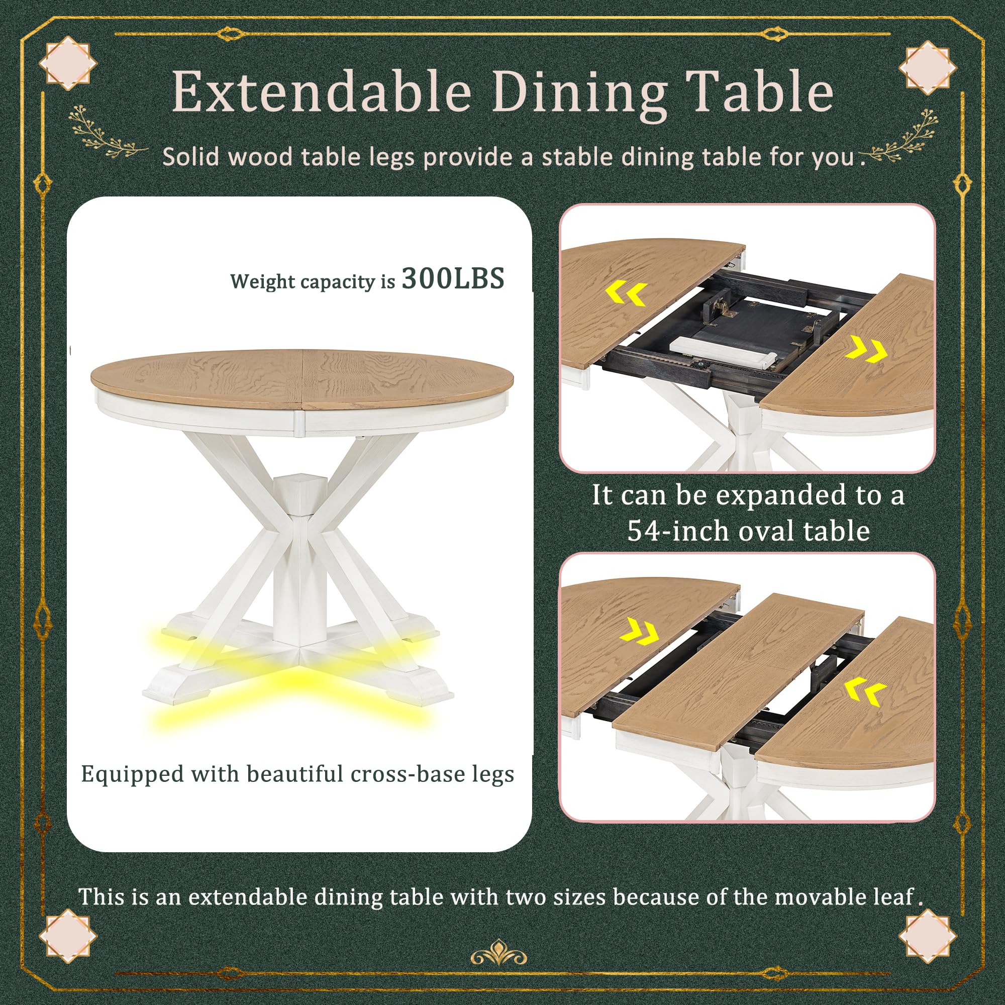 POCIYIHOME Piece Functional Furniture Extendable 4 Upholstered Chairs, Retro Style Circle Dining Table Set for Restaurant, Kitchen (Oak Natural Wood + Off White)