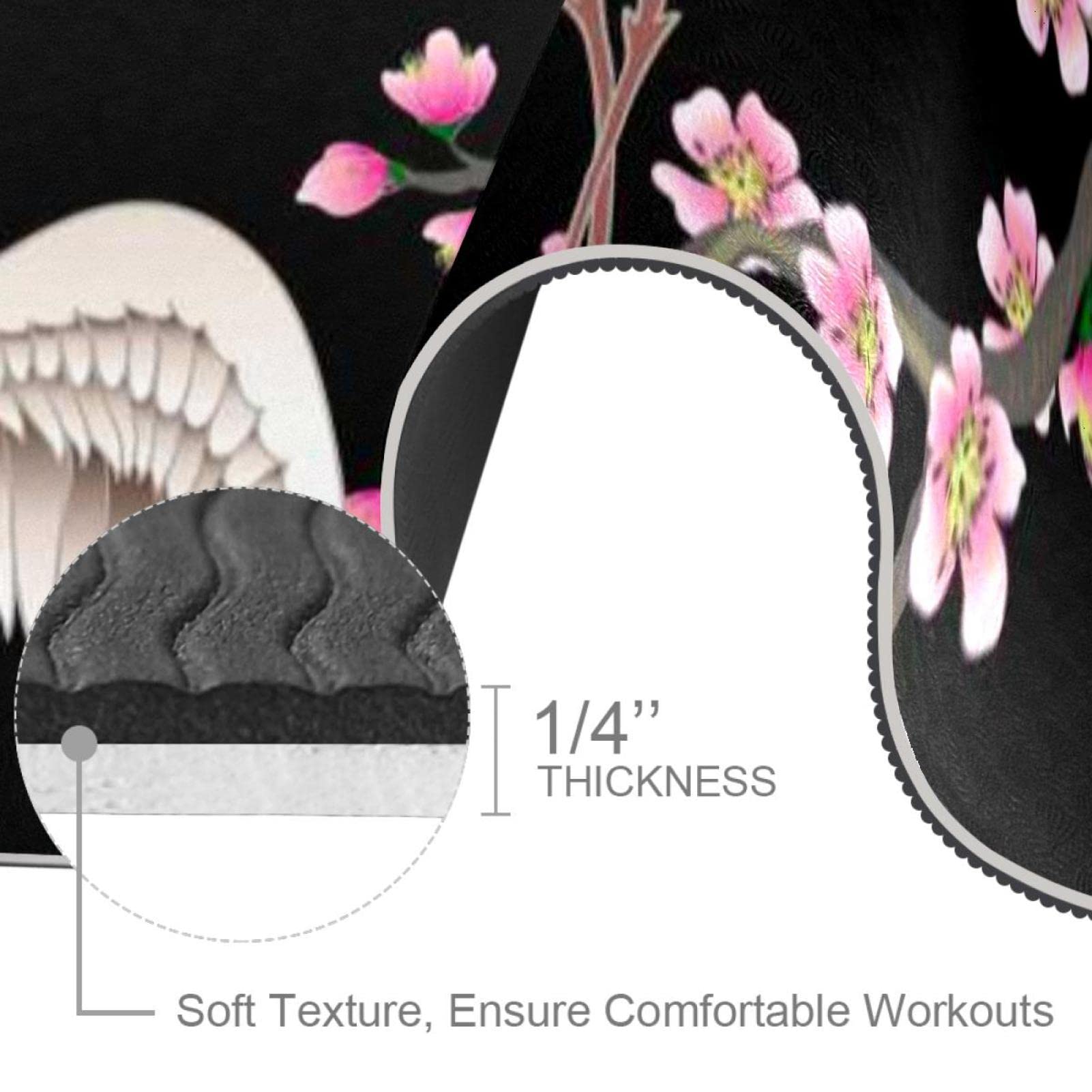 Yoga Mat, Yoga Mats for Home Workout, Workout Mat, Exercise Mats, Pilates Mat, animal bird crane pink flower black pattern