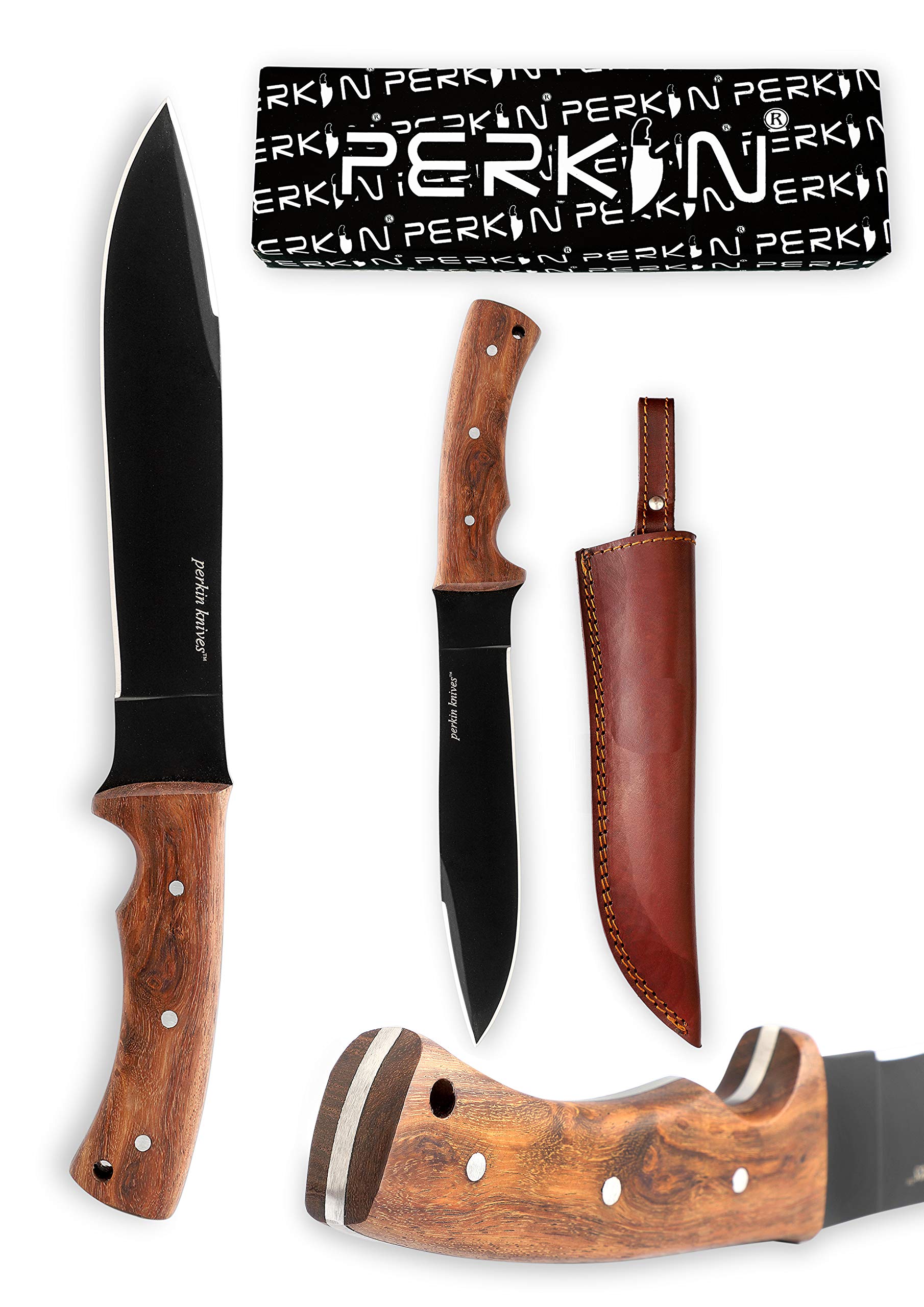 Perkin - Fixed Blade Hunting Knife - Black Carbon Steel Bushcraft Knife - 12.8 Inchs Full Tang Camping Survival Knife