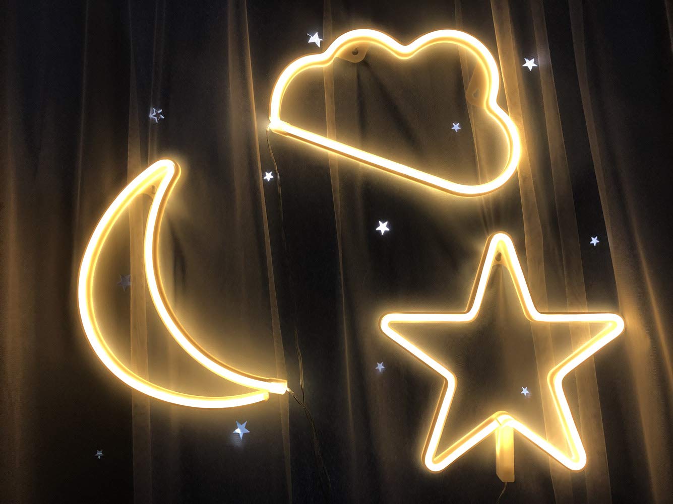 Star Moon and Cloud Neon Night Sign Decorative LED Light Art Wall Decor for Bar Bedroom Birthday Party Decor Powered by Battery/USB (Warm White)