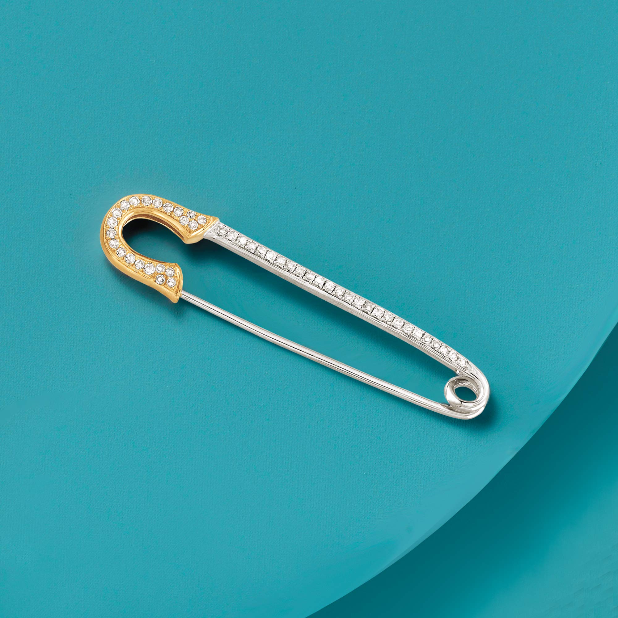 Ross-Simons 0.16 ct. t.w. Diamond Safety Pin in Sterling Silver and 14kt Yellow Gold