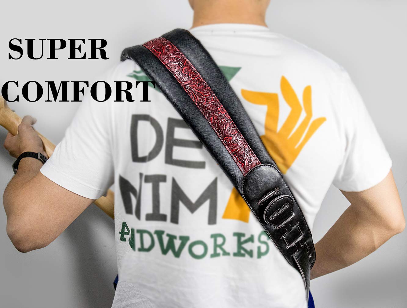 Wepop Leather Guitar Strap 3.5in Acoustic Bass Electric Neoprene Soft Comfortable (red)