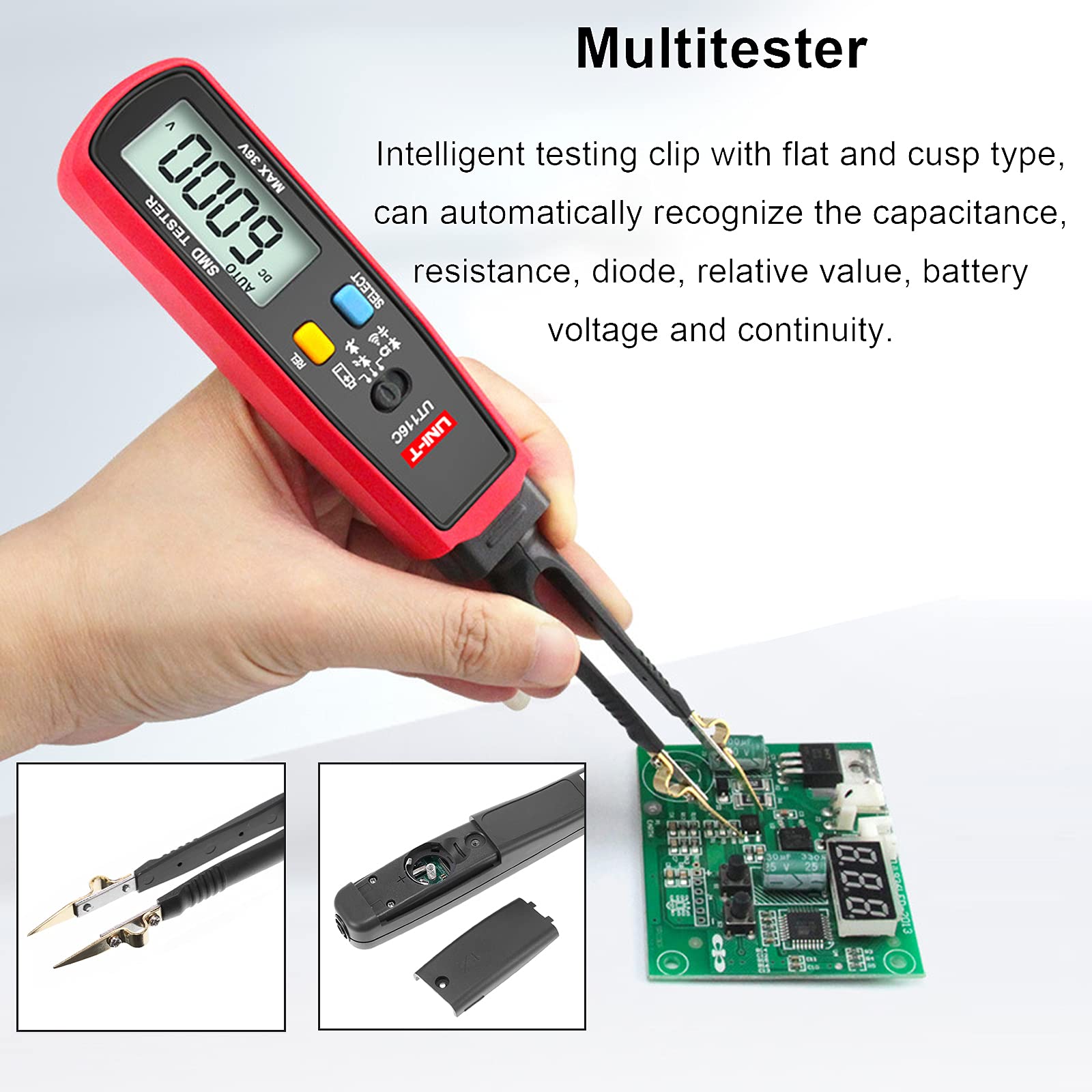 UNI-T Digital Smart SMD Tester,Handheld Resistance Capacitance Tester Tweezers Intelligent LCR Meter Diode Continuity Resistor Capacitor LED Battery Test Auto Ranging 6000 Counts