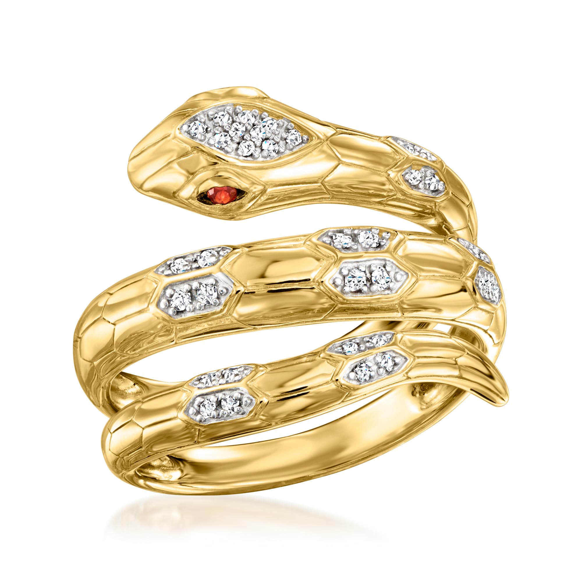 Ross-Simons 0.10 ct. t.w. Diamond Snake Wrap Ring With Garnet Accents in 18kt Gold Over Sterling. Size 10