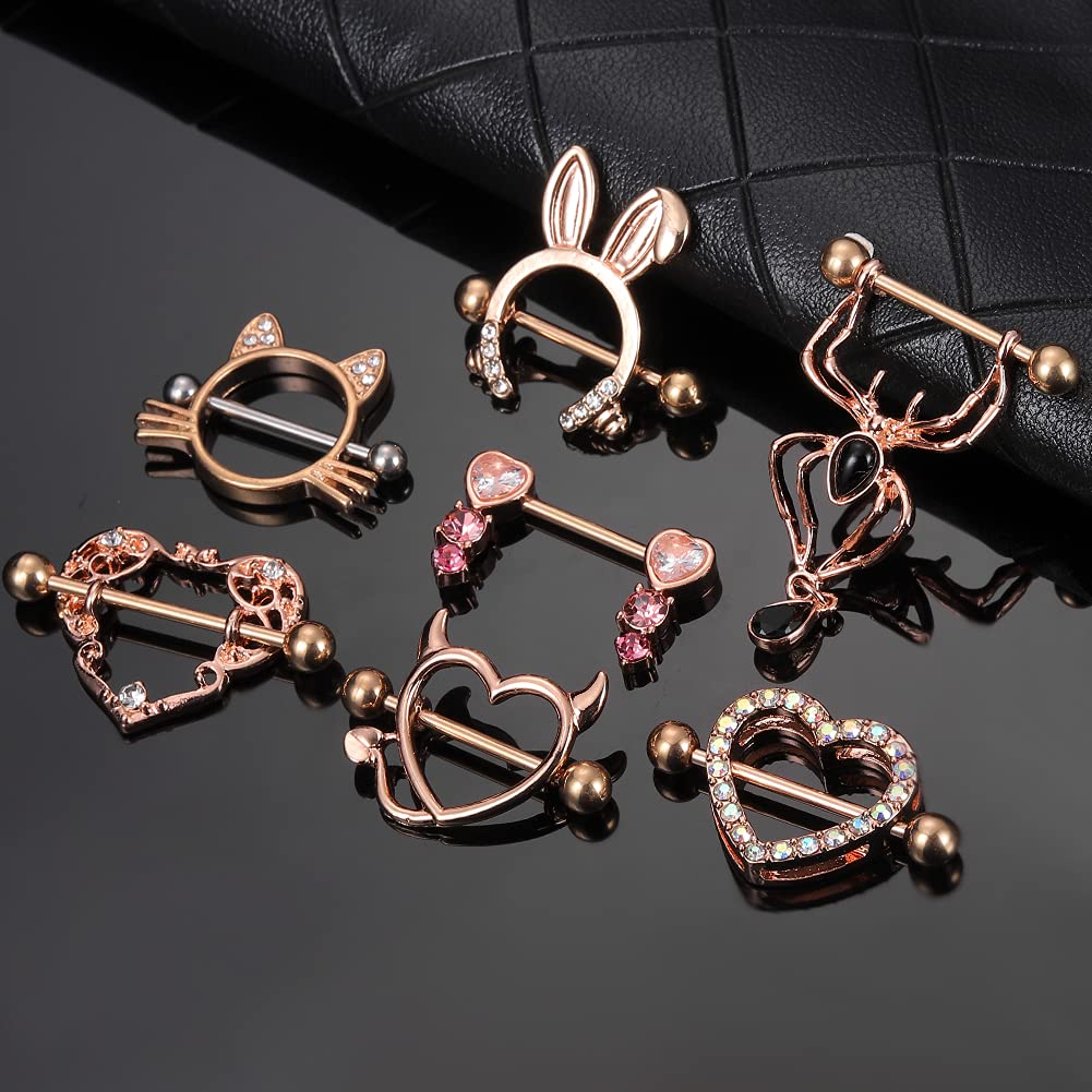 WASOLIE 7Pairs Cute Stainless Steel Nipple Rings Barbell Piercing Nipple Tongue Rings 14G