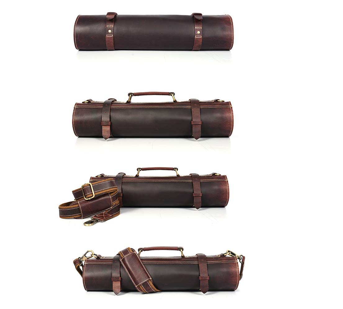 Tolredo Top Grain Buffalo Leather Chef Knife Roll Case 10 Slot and 1 Zipper Pocket for Culinary Storage Portable Bag with Detachable Shoulder Strap (Walnut, 29.5" X 20")