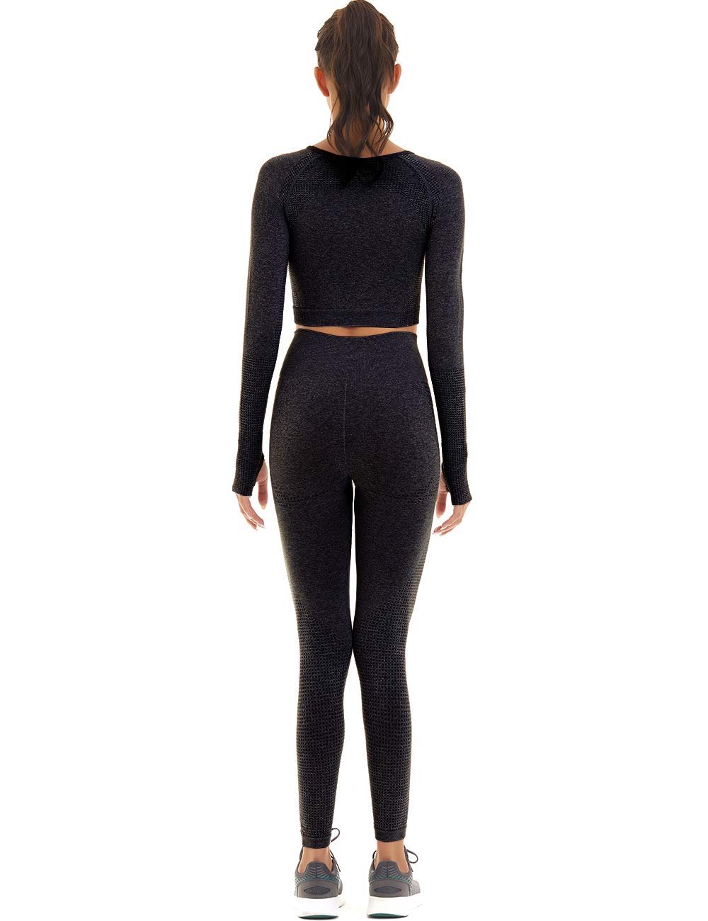 Toplook Women Seamless Workout Outfits Athletic Set Leggings + Long Sleeve Top 2 Pieces(Black, Medium)
