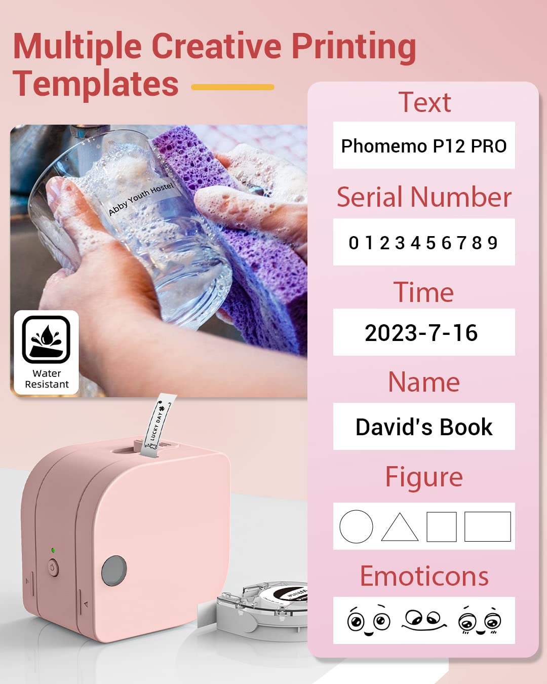 Phomemo Label Maker Machine with Tape, P12 Pro Portable Bluetooth Label Printer, Small Smart Phone Handheld Sticker Mini Labeler Multiple Templates Easy to Use Inkless Rechargeable Office Home- Pink