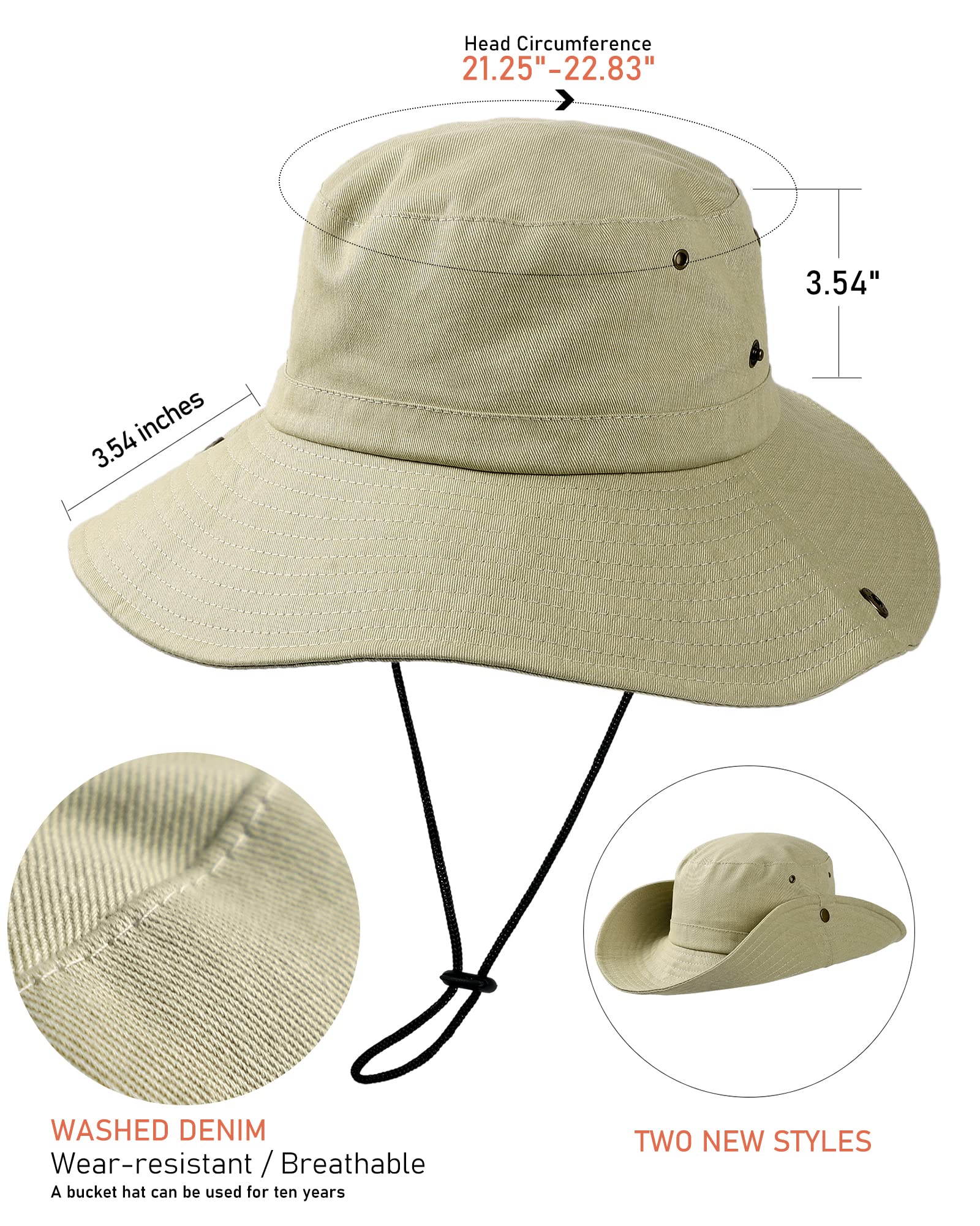 Wide Brim Bucket Sun Hat Packable Cotton Washed UPF 50 Beach Hat for Women Men with Strings Cowboy Outdoor Safari Boonie Cap Khaki