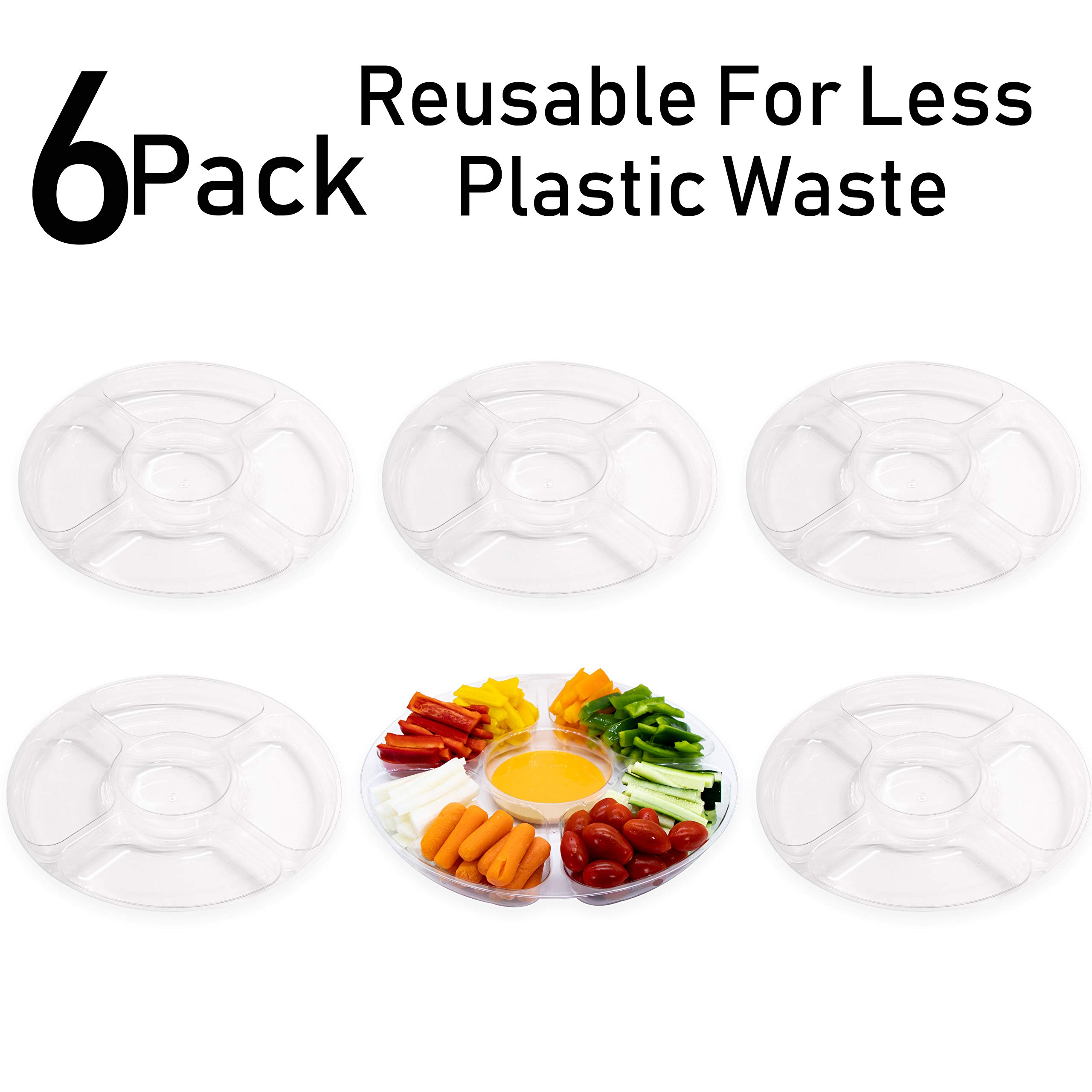 Upper Midland Products 12" Plastic Round Party Serving Tray 5 Compartments 6 Pk Clear Fruits Veggies BPA Free