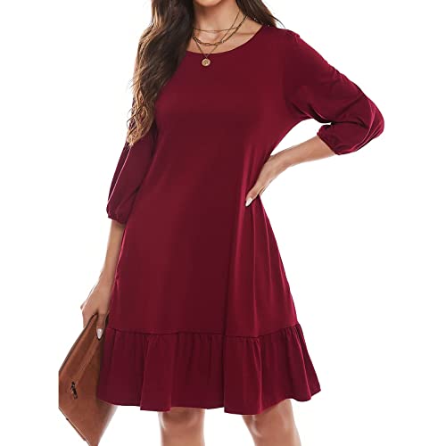Women Ruffle Dress Loose Splicing Long Sleeve A-Line Dress Solid Color Round Neck Stretch Dress with Pockets