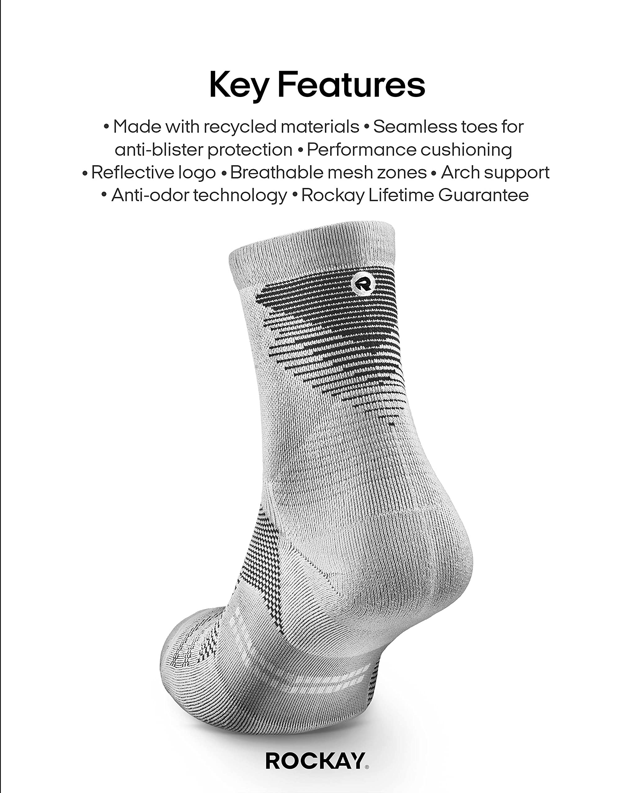 Rockay Razer Trail Running Socks for Men and Women, Cushion, Crew Cut, Arch Support, 100% Recycled, Anti-Odor (1 Pair)