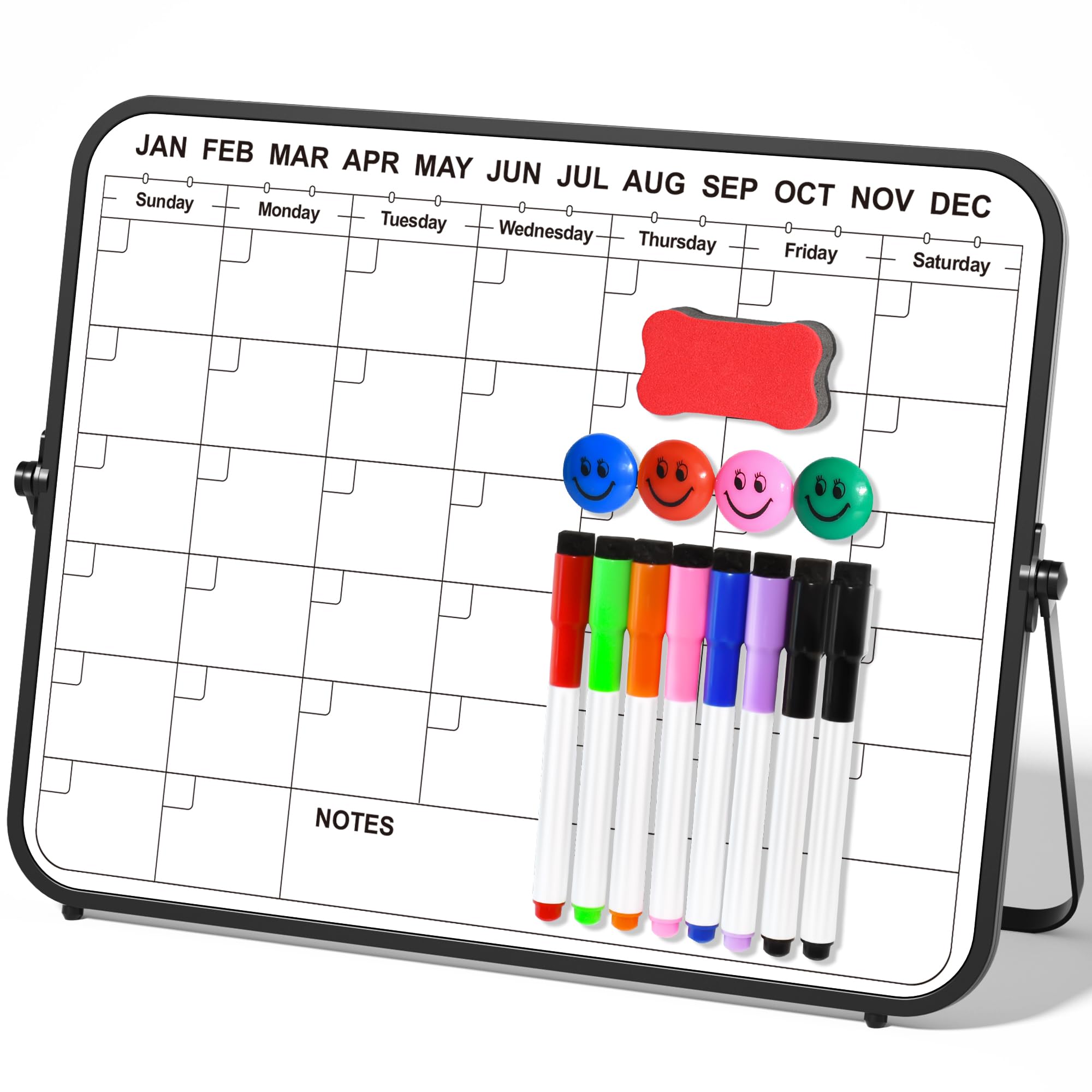 Xpener Dry Erase Calendar White Board for Wall, 14" x 11" Magnetic Double-Sided Whiteboard with Stand for Desktop, Kids Desk Whiteboard Monthly Planner Schedule Board for Home, Office, School (Black)