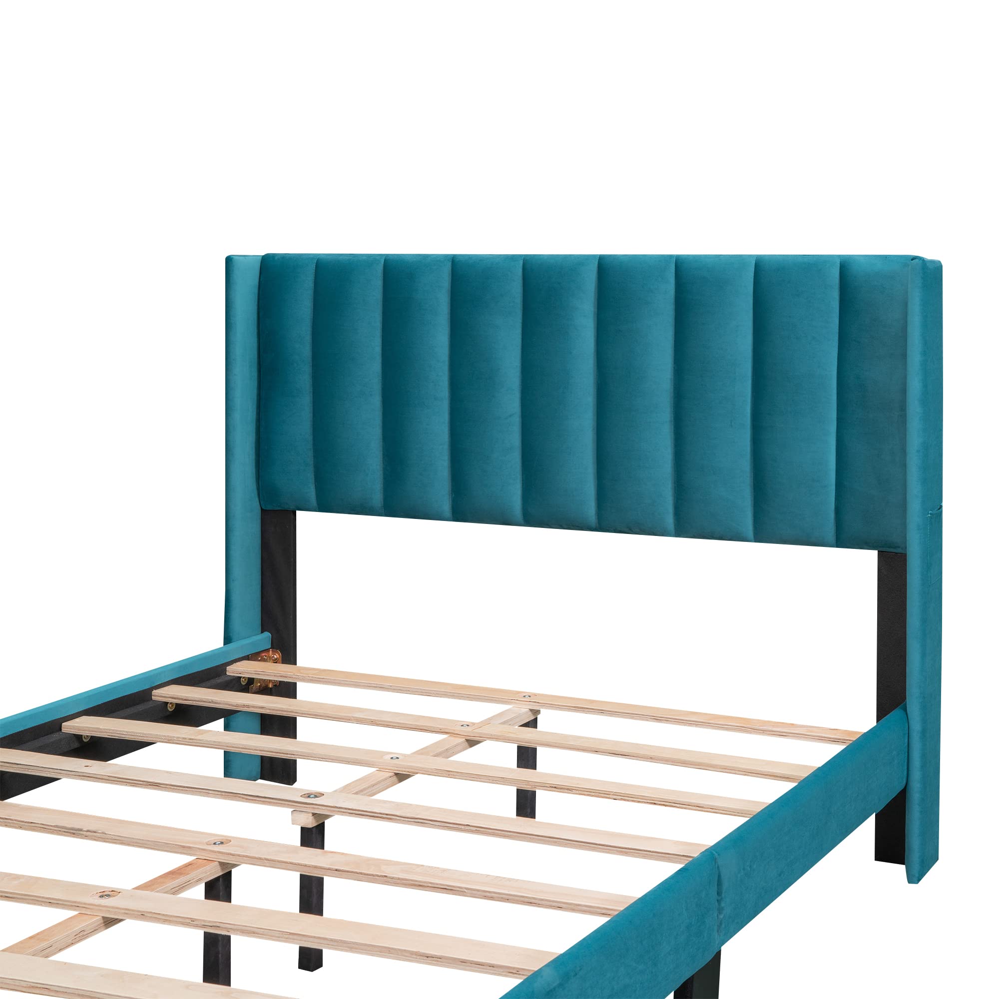 Prohon Full Size Platform Bed with Classic Vertical Stripes Headboard, Upholstered Wingback Backrest Storage Bed Frame w/A Big Storage Drawers on Endbed, Wood Slats Support Mattress Foundation, Blue