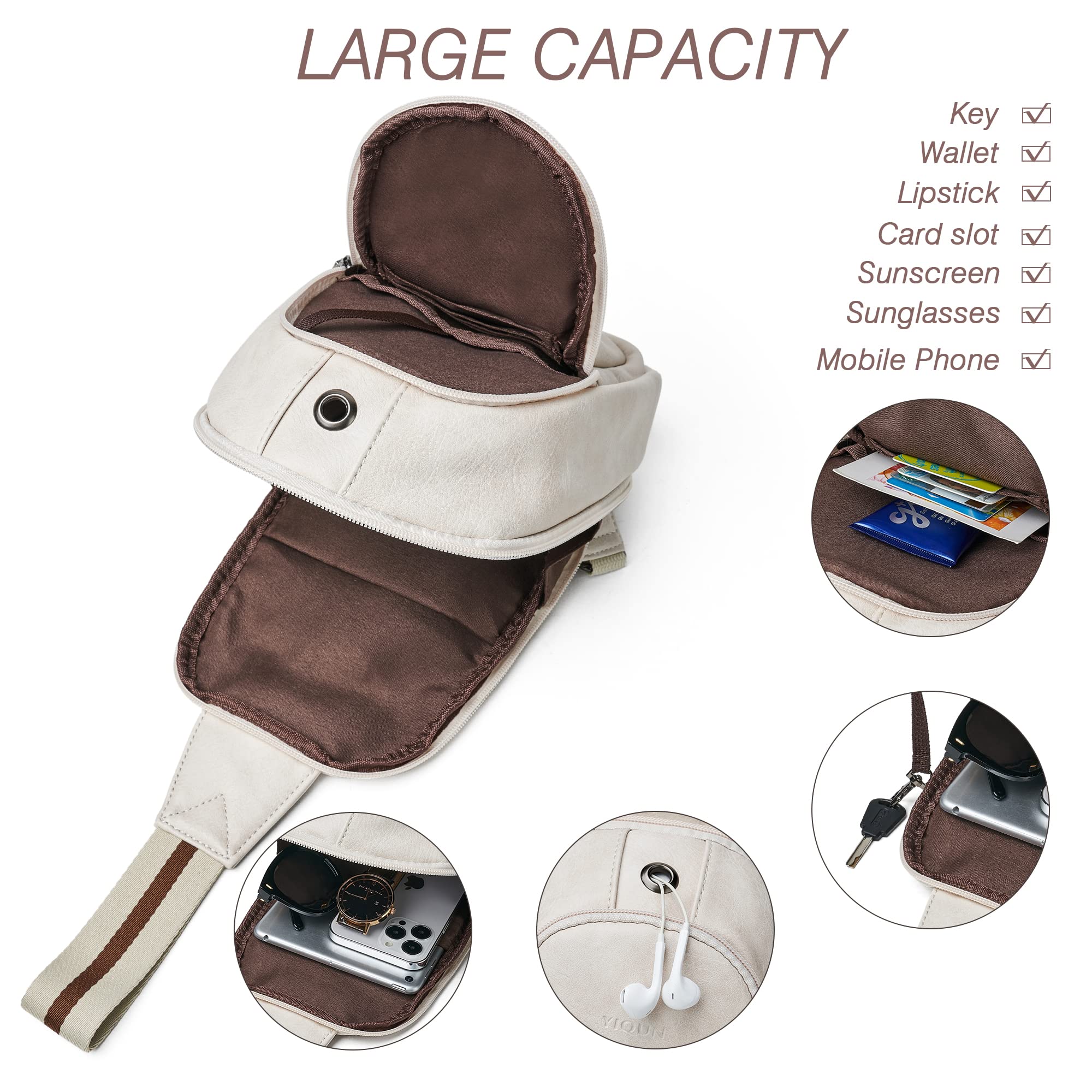 YIQUN Women's Leather Sling Bag, Fanny Pack for Travel, Hiking - Rice White